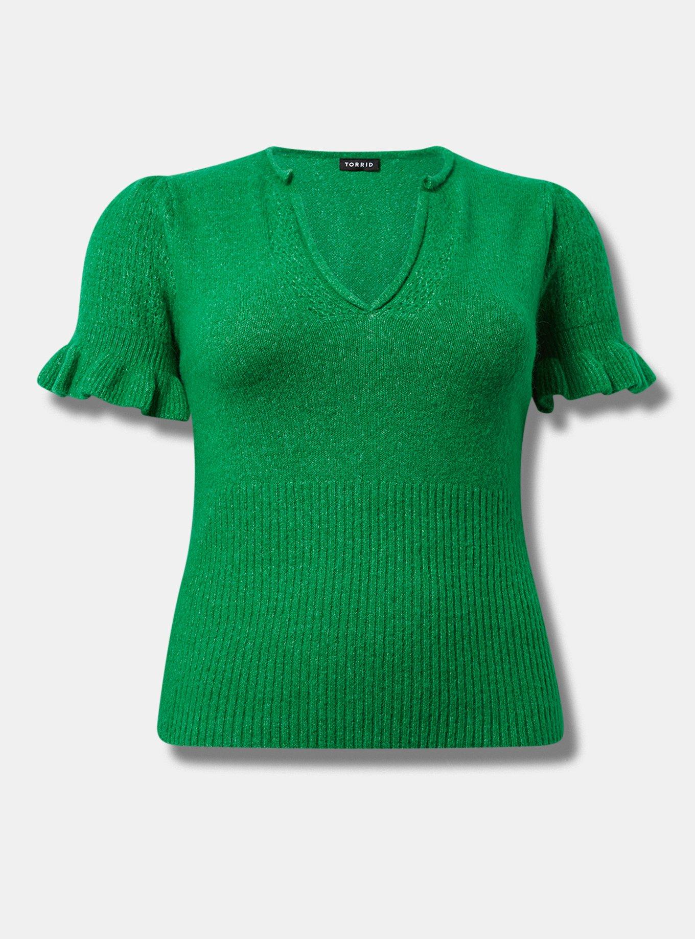 Plus Size - Vegan Cashmere Pullover V-Neck Ruffle Elbow Sleeve Pullover ...