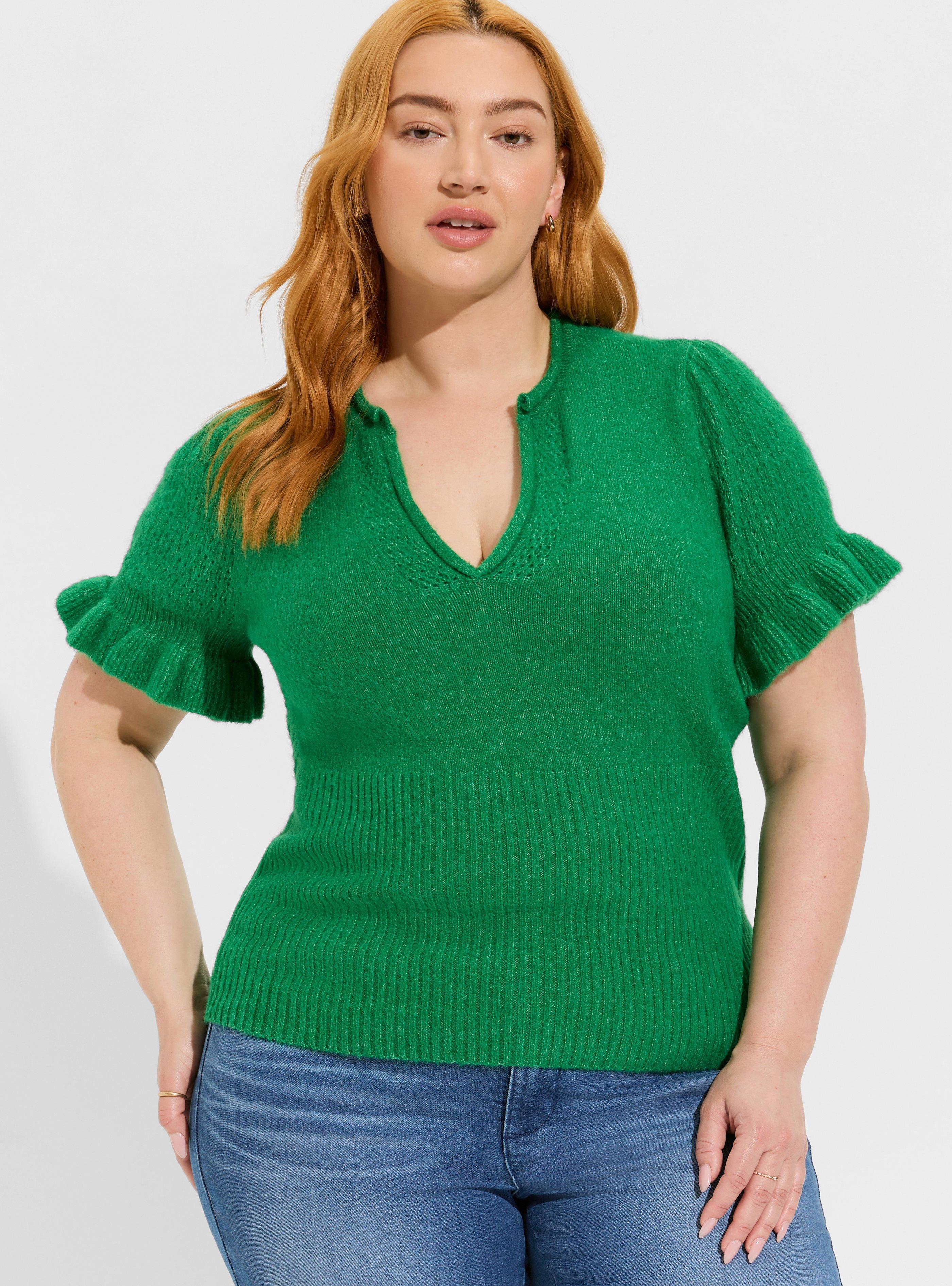 Plus Size - Vegan Cashmere Pullover V-Neck Ruffle Elbow Sleeve Pullover ...