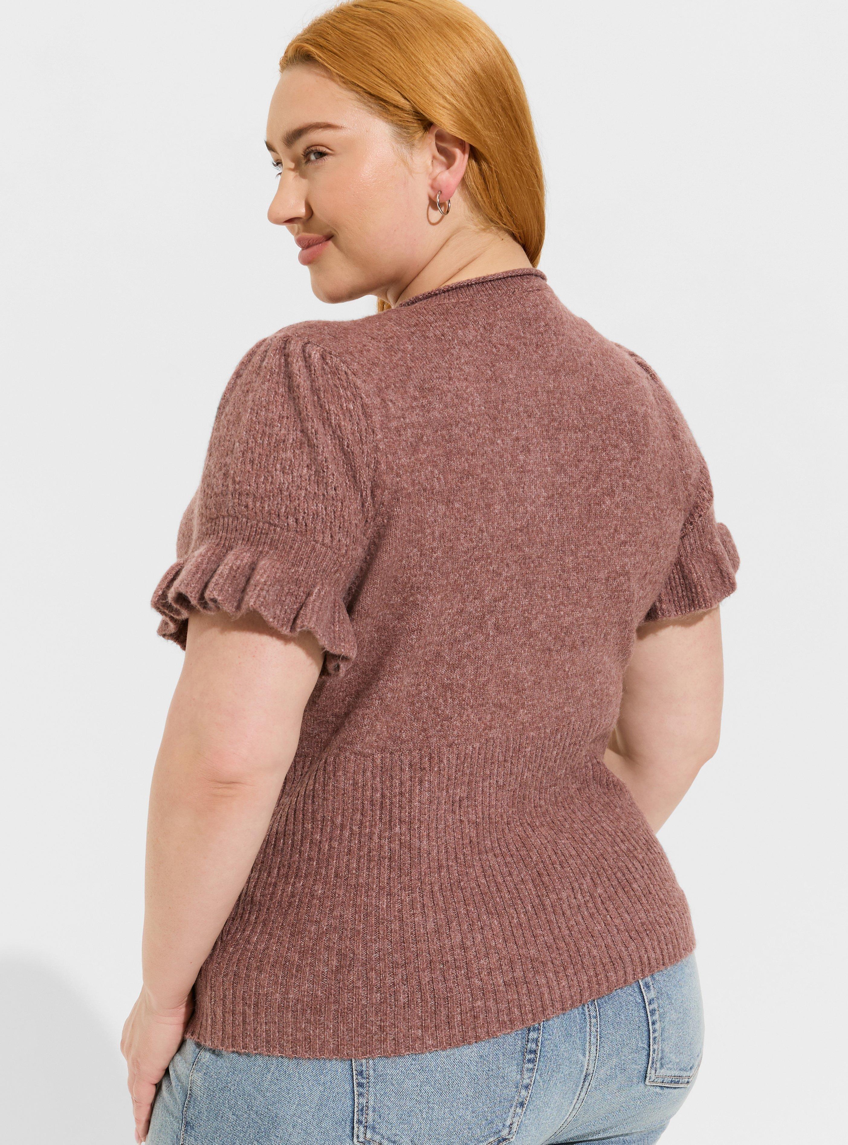 Plus Size - Vegan Cashmere Pullover V-Neck Ruffle Elbow Sleeve Pullover ...