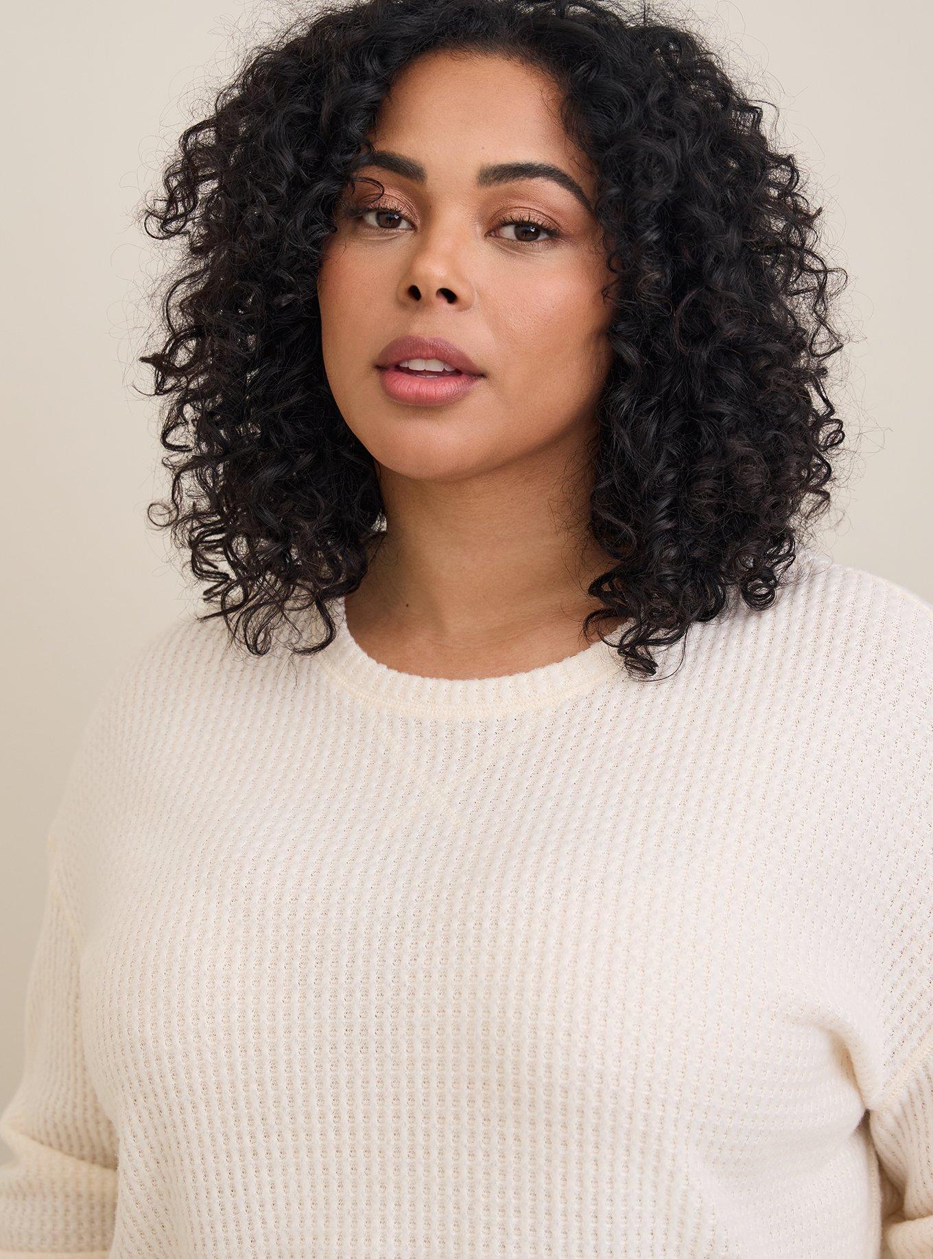 Plus Size - Brushed Waffle Crew Neck Drop Shoulder Long Sleeve Crop Tee ...