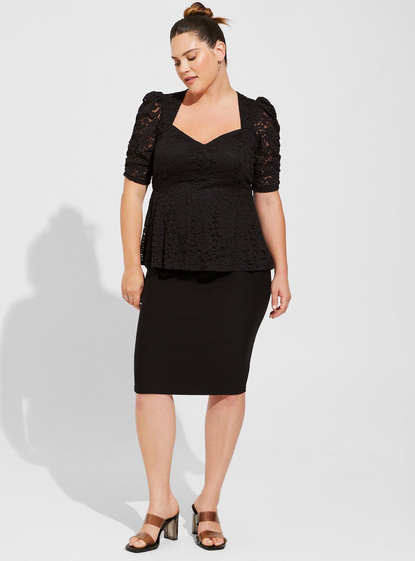 Plus Size - Stretch Lace Cinched Elbow Sleeve Peplum Top - Torrid