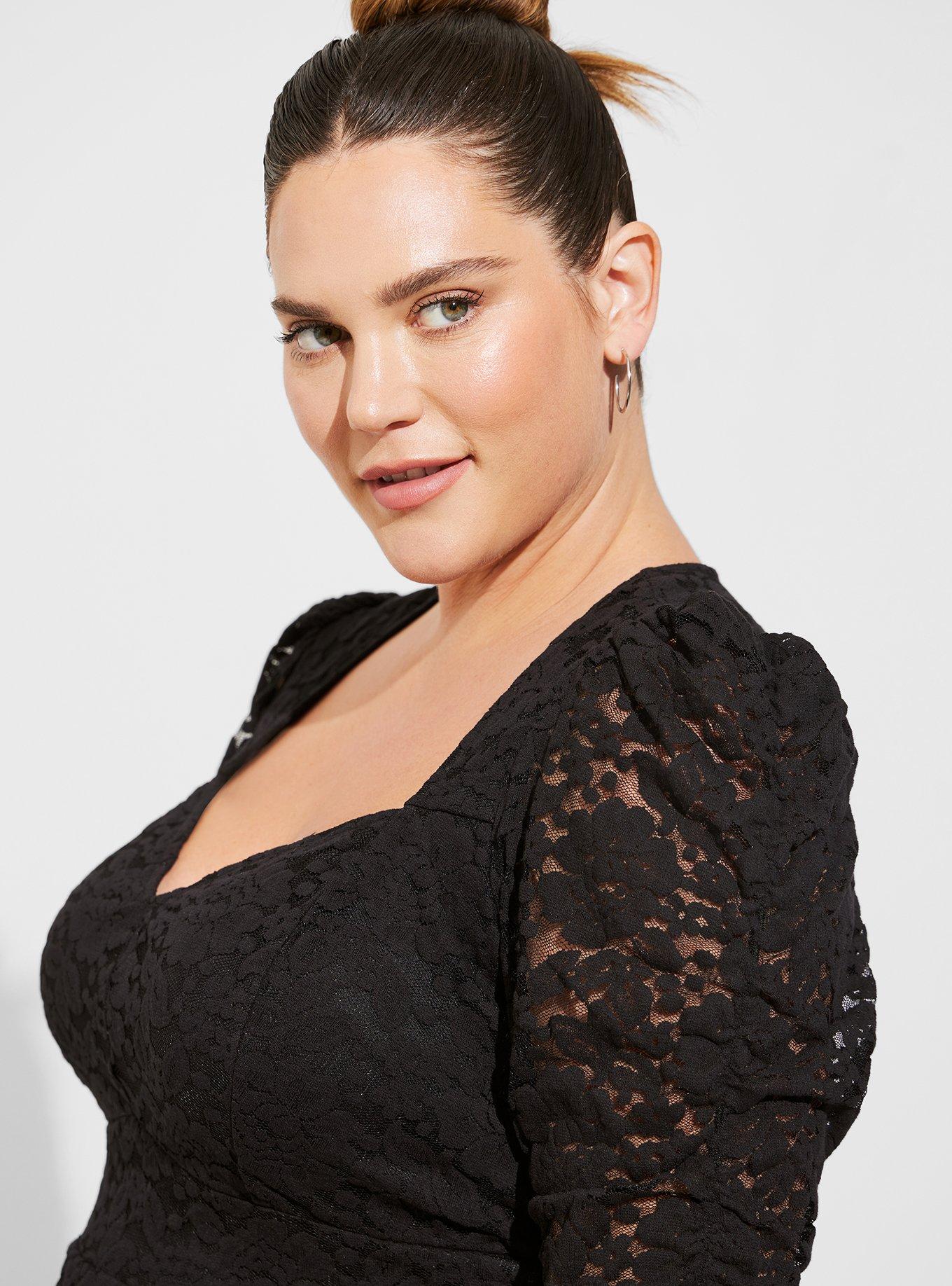 Plus Size - Stretch Lace Cinched Elbow Sleeve Peplum Top - Torrid