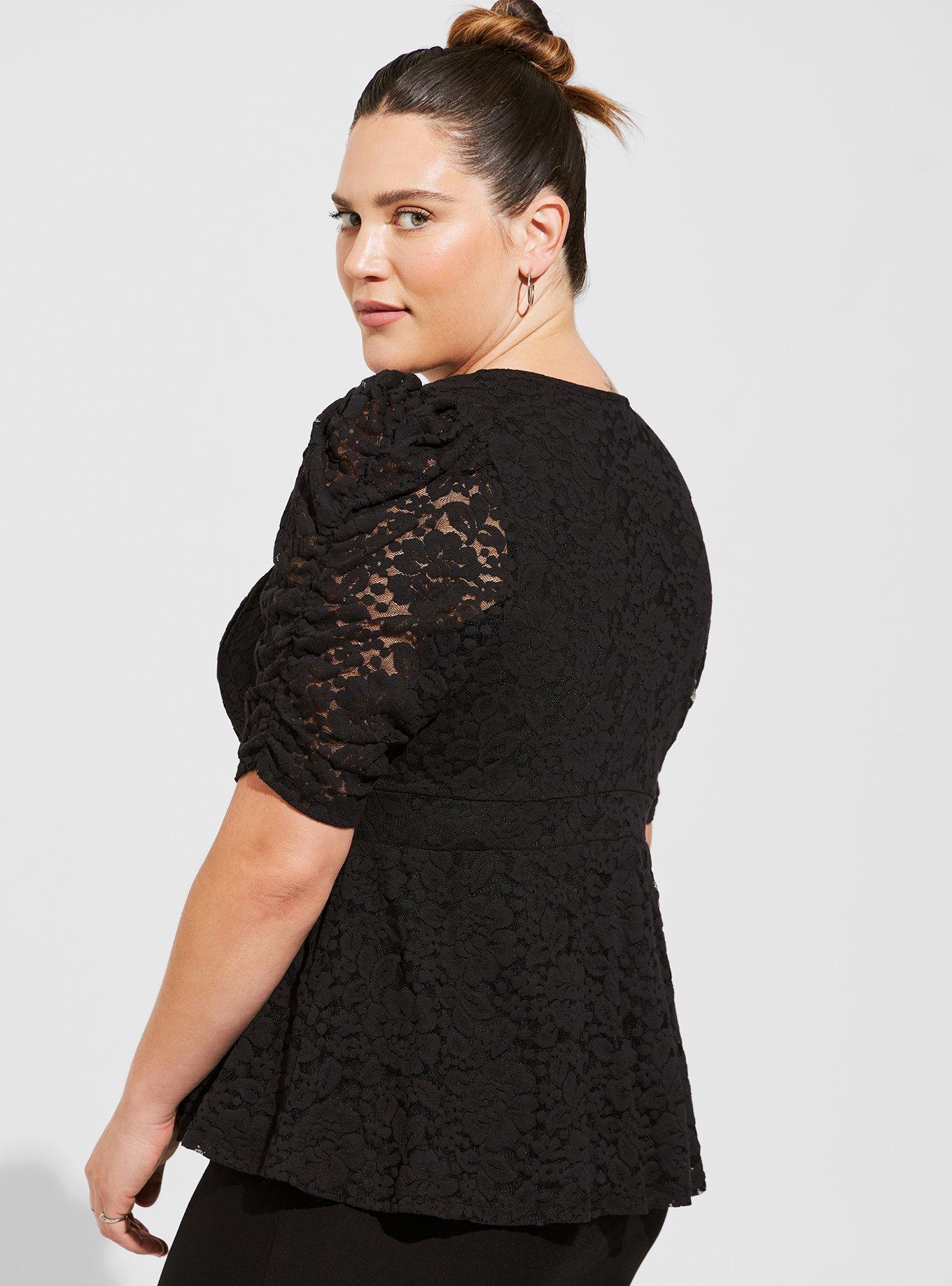 Plus Size - Stretch Lace Cinched Elbow Sleeve Peplum Top - Torrid