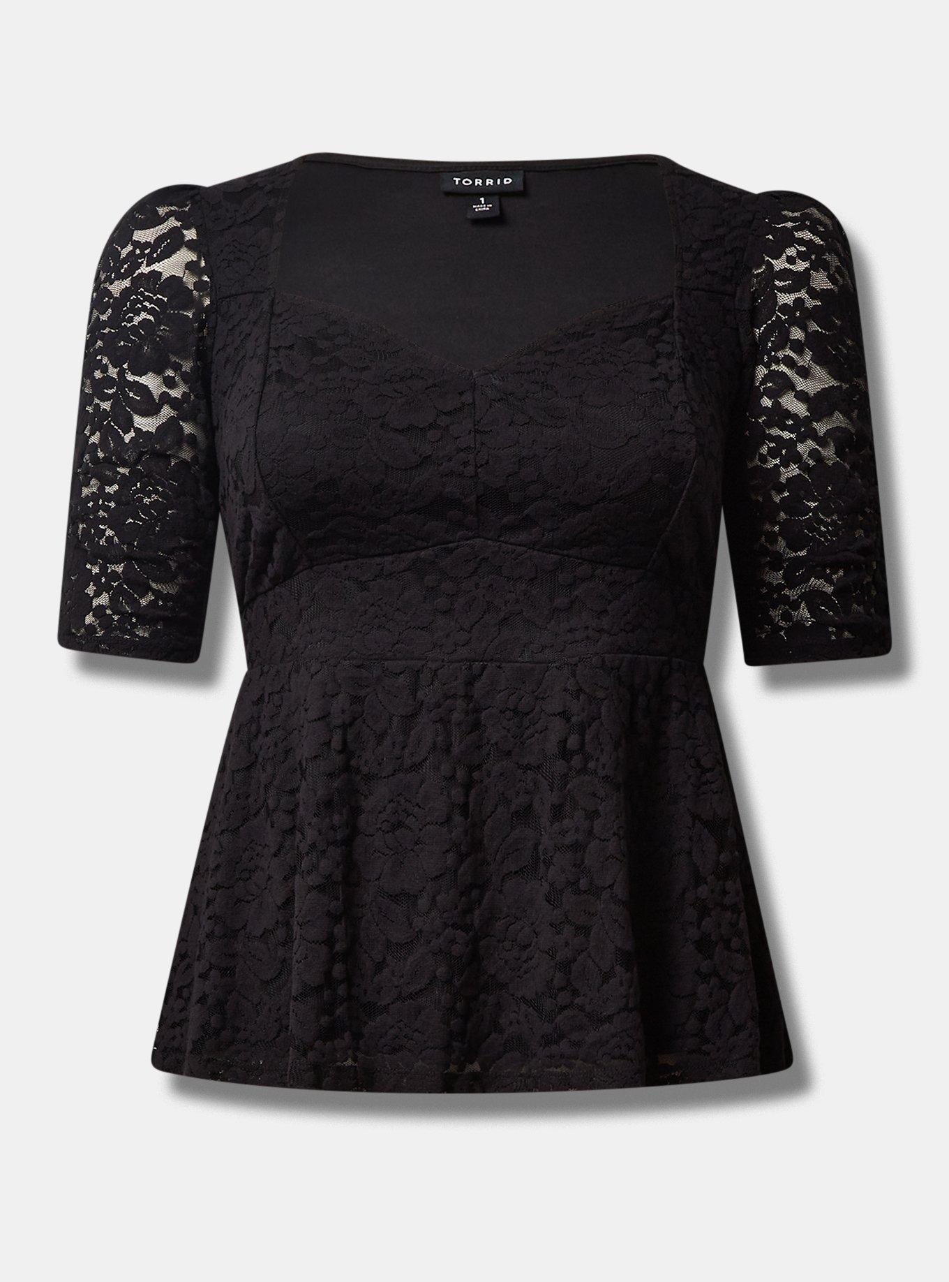 Plus Size - Stretch Lace Cinched Elbow Sleeve Peplum Top - Torrid