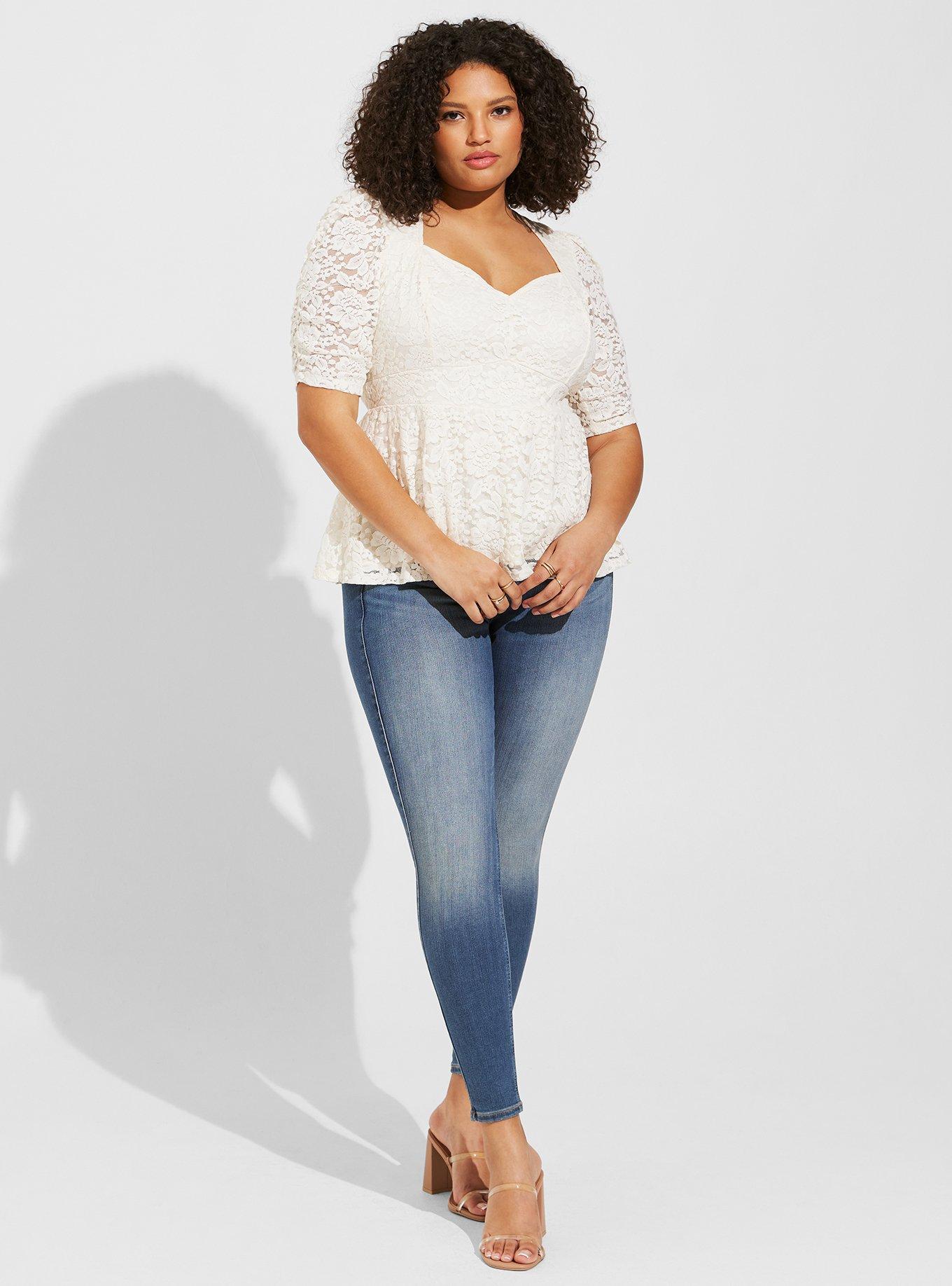 Plus Size - Stretch Lace Cinched Elbow Sleeve Peplum Top - Torrid