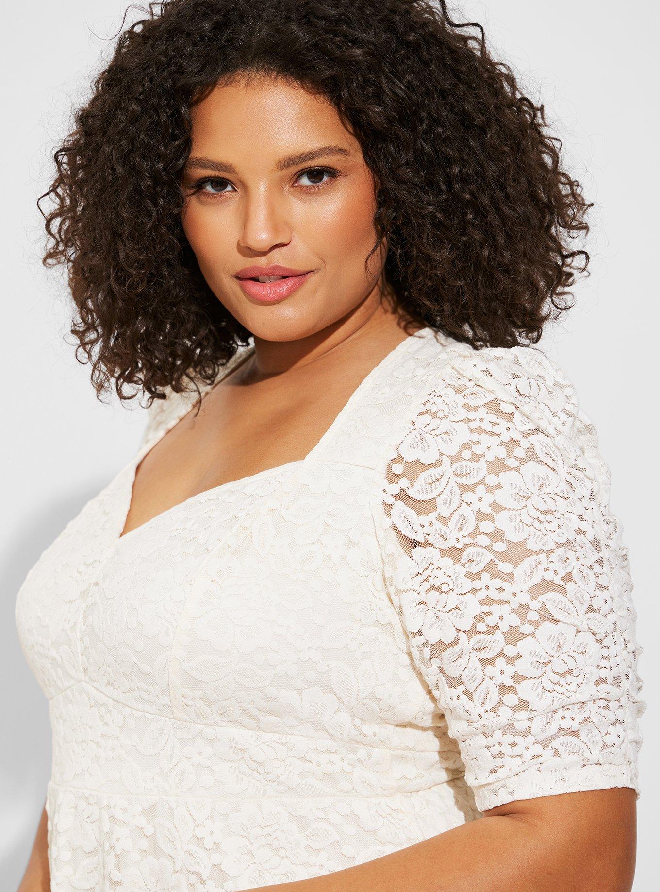 Plus Size - Stretch Lace Cinched Elbow Sleeve Peplum Top - Torrid