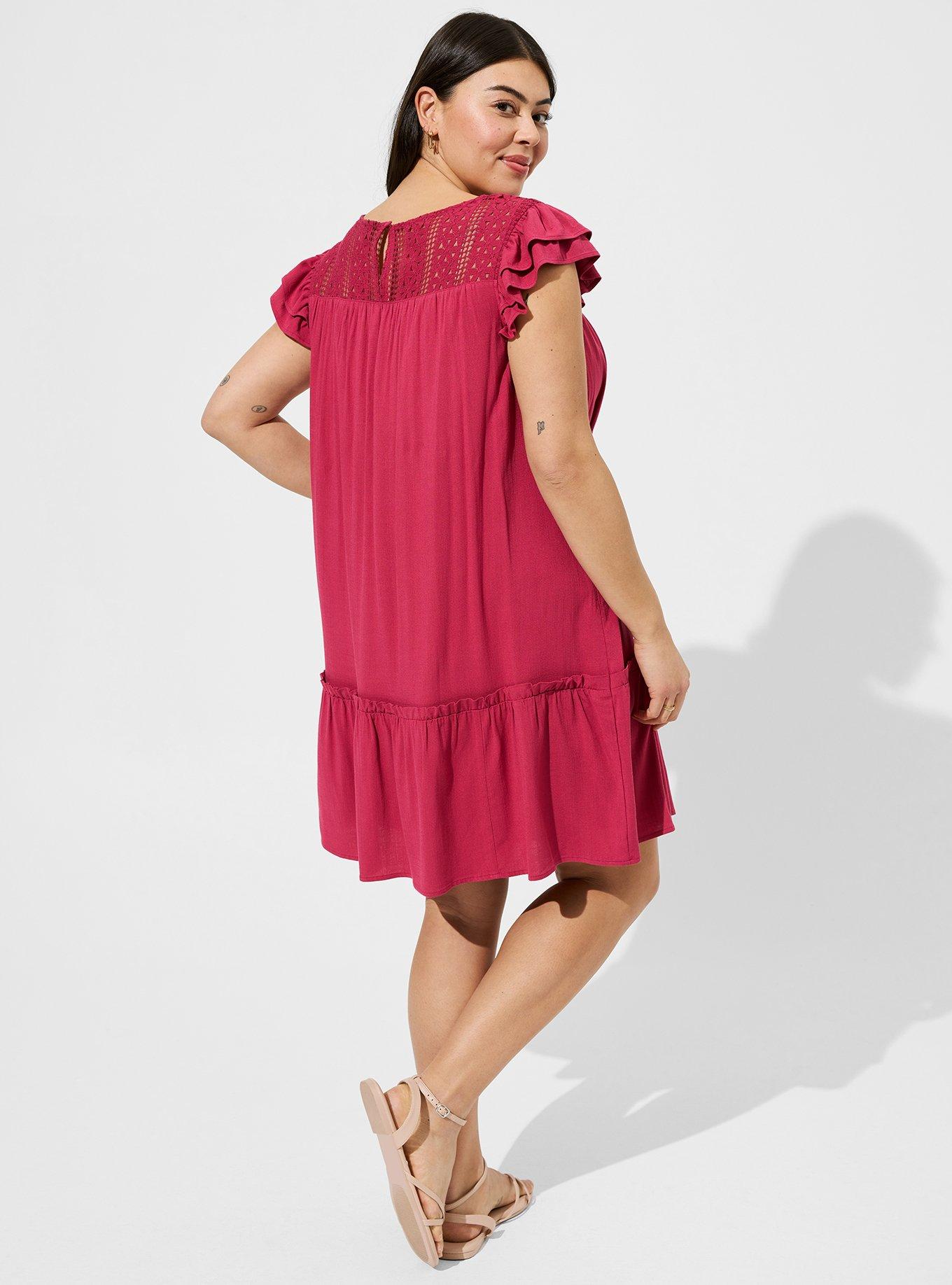 Plus Size - Mini Rayon Slub Crochet Yoke Shift Dress - Torrid