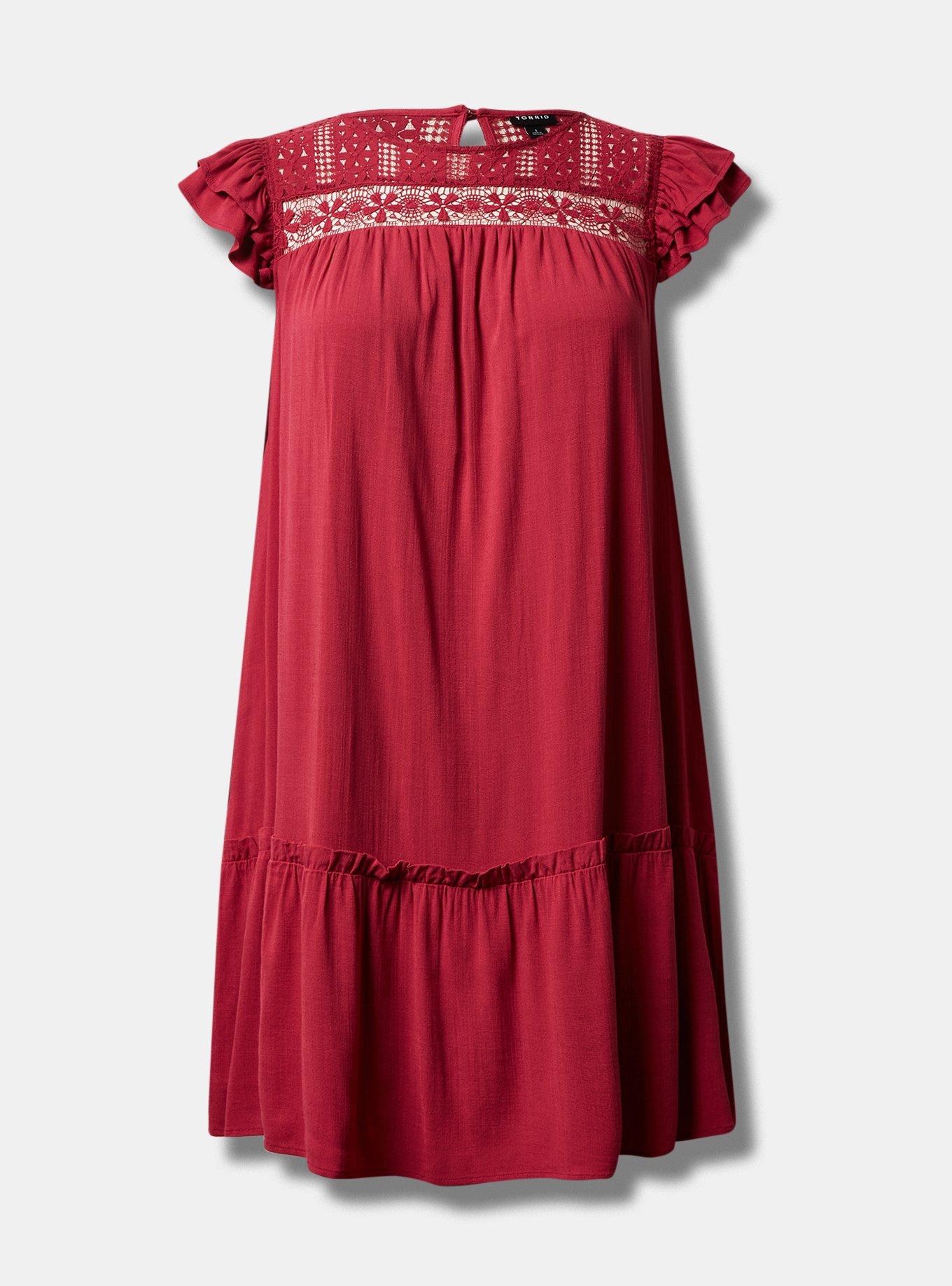 Plus Size - Mini Rayon Slub Crochet Yoke Shift Dress - Torrid