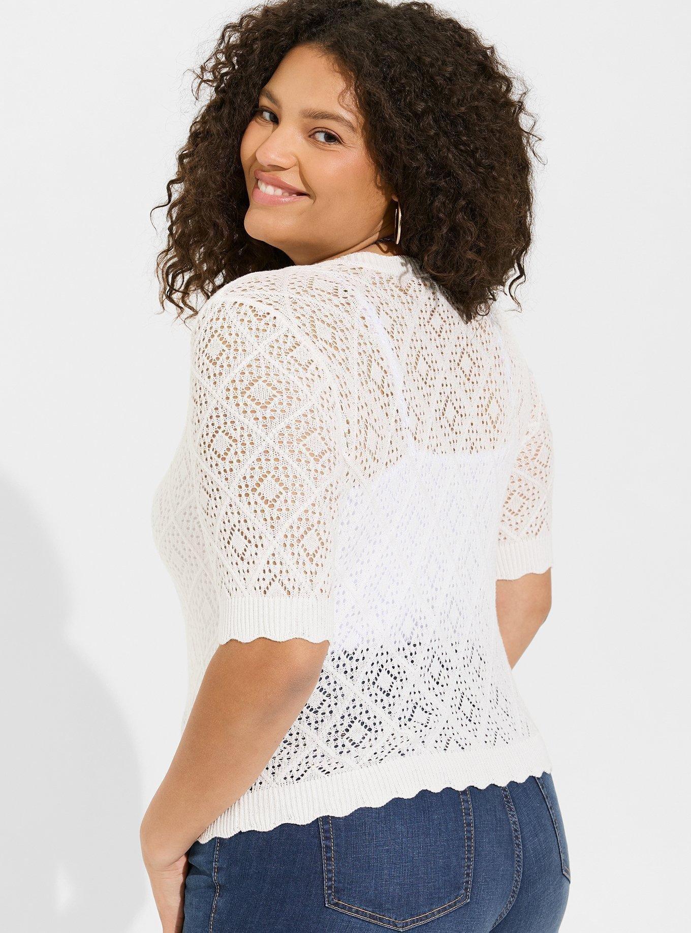 Plus Size - Pointelle Cardigan Button Front Cropped Sweater - Torrid