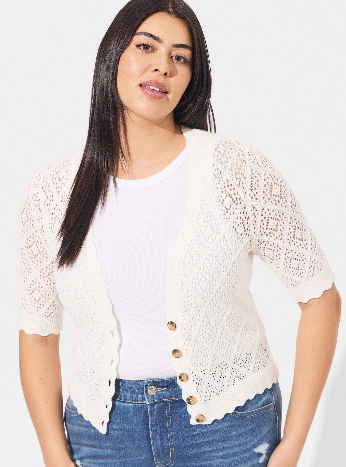 Plus Size - Pointelle Cardigan Button Front Cropped Sweater - Torrid