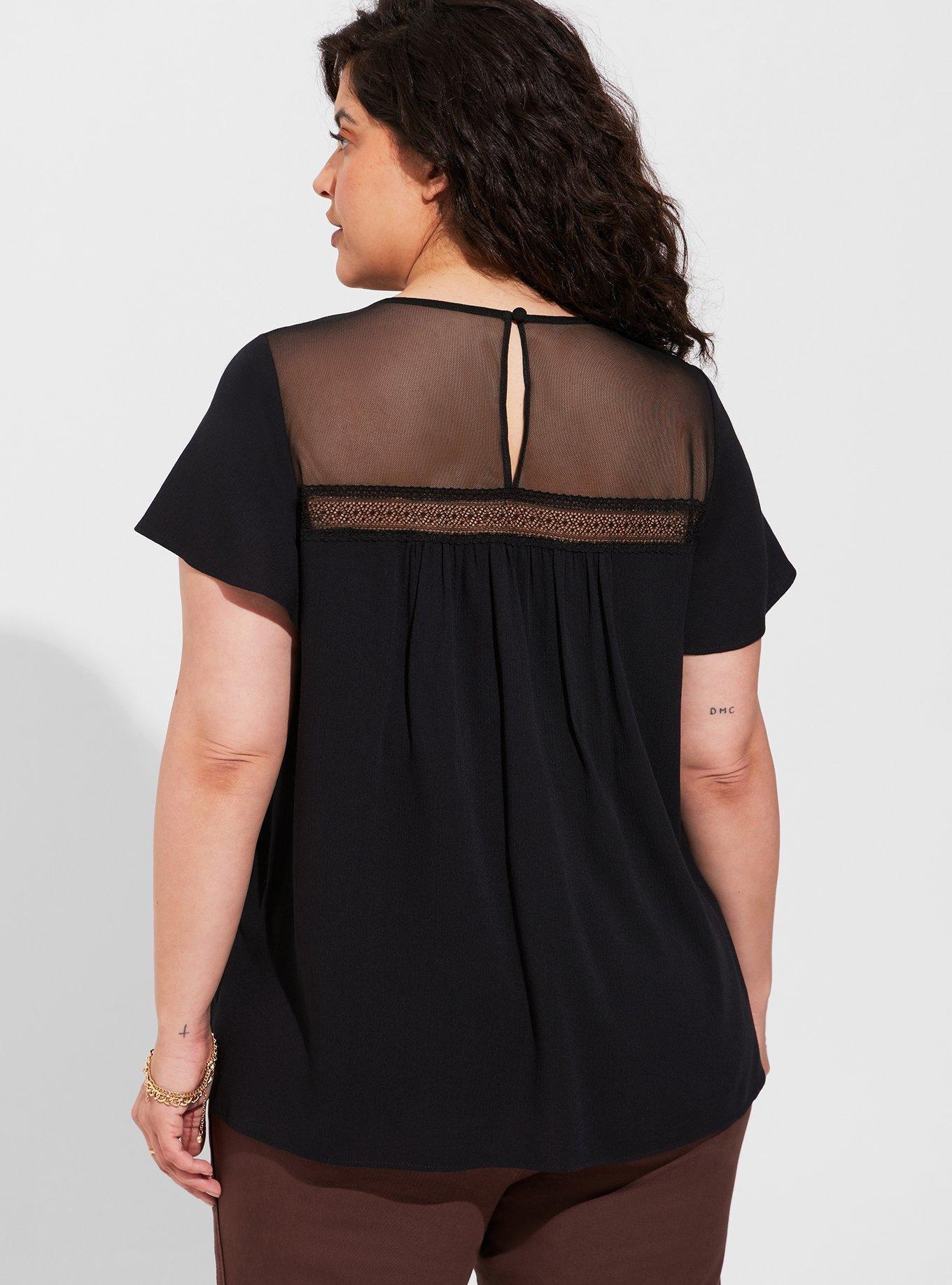 Plus Size - Washable Crinkle Gauze Flutter Sleeve Lace Mix Top - Torrid