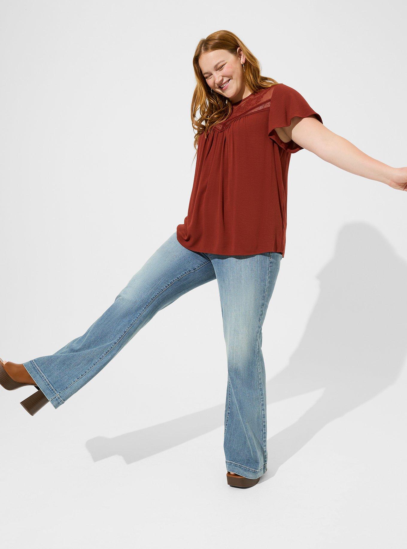 Plus Size - Washable Crinkle Gauze Flutter Sleeve Lace Mix Top - Torrid