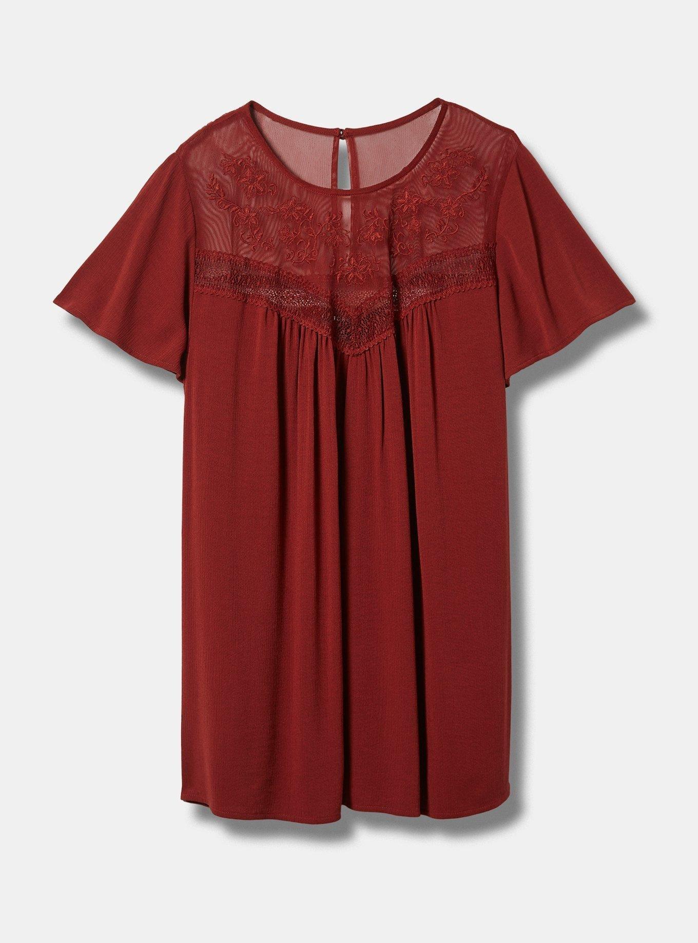 Plus Size - Washable Crinkle Gauze Flutter Sleeve Lace Mix Top - Torrid