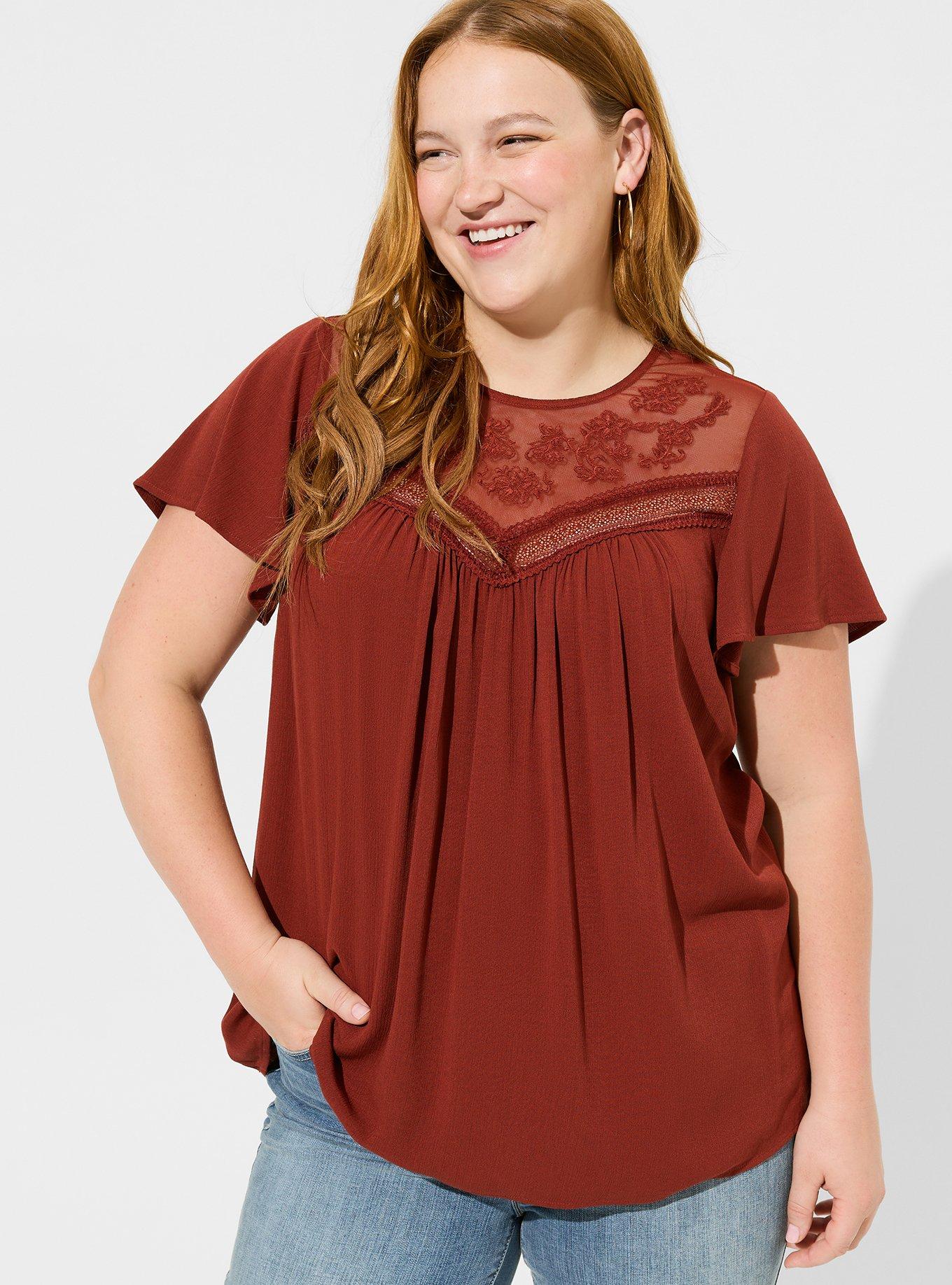 Plus Size - Washable Crinkle Gauze Flutter Sleeve Lace Mix Top - Torrid