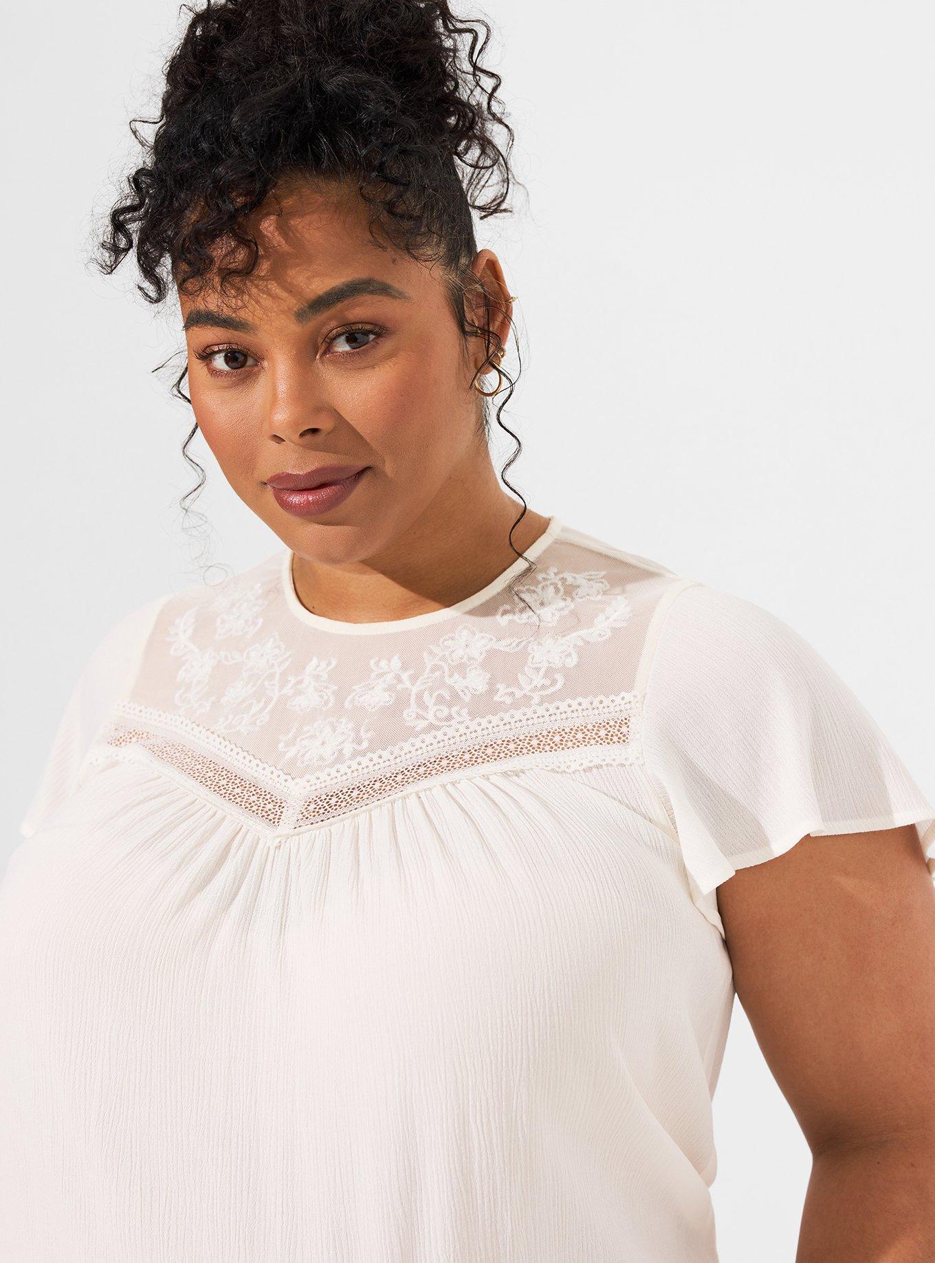 Plus Size - Washable Crinkle Gauze Flutter Sleeve Lace Mix Top - Torrid