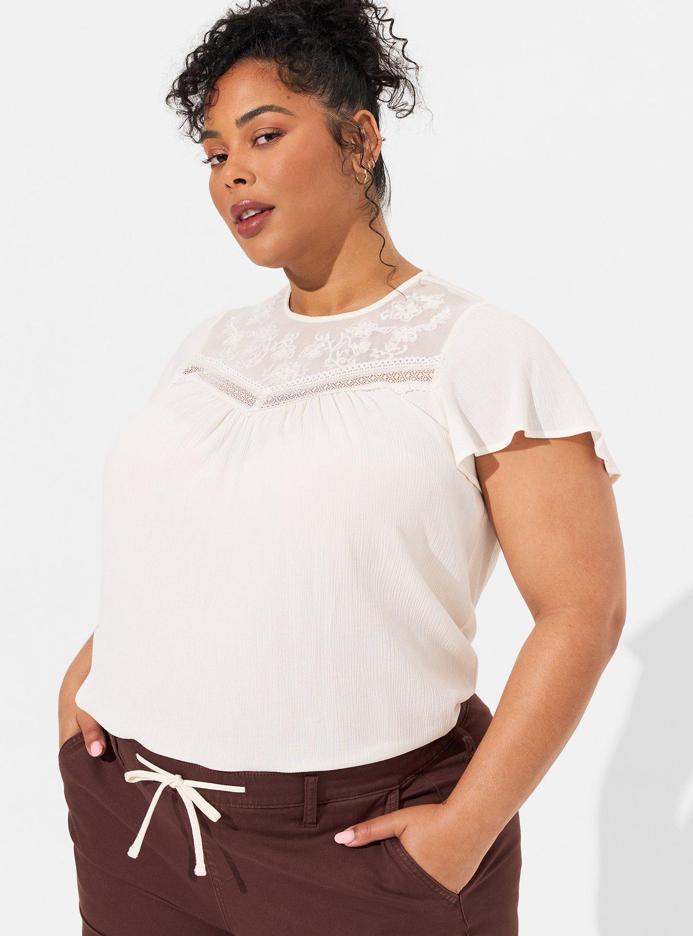 Plus Size - Washable Crinkle Gauze Flutter Sleeve Lace Mix Top - Torrid