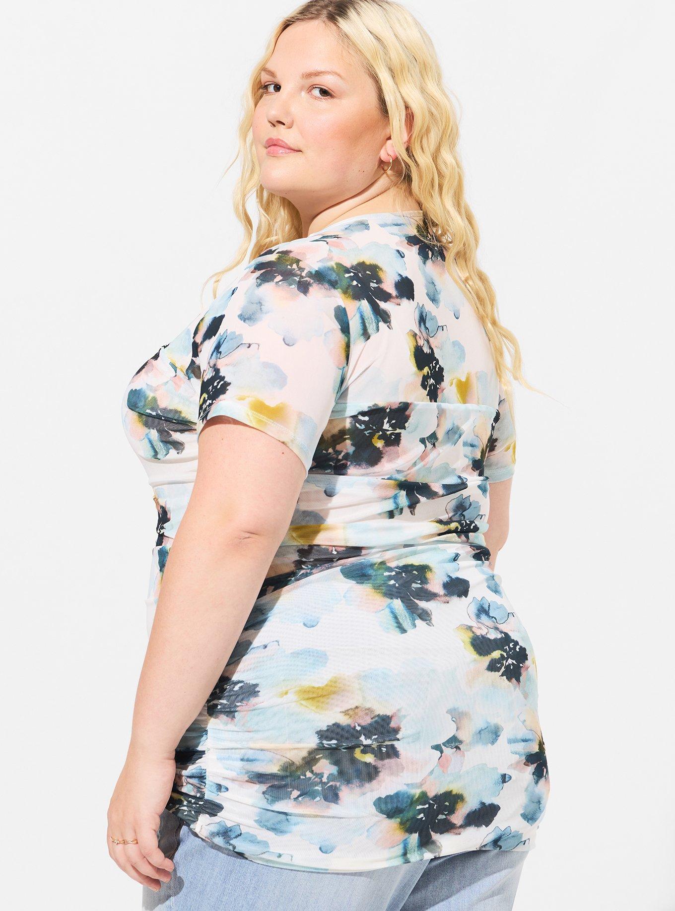 Plus Size - Stretch Mesh Crew Neck Ruched Top - Torrid