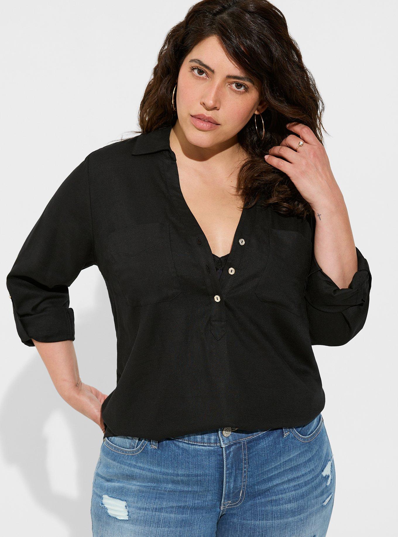 Plus Size - Linen Pocket Henley Long Sleeve - Torrid