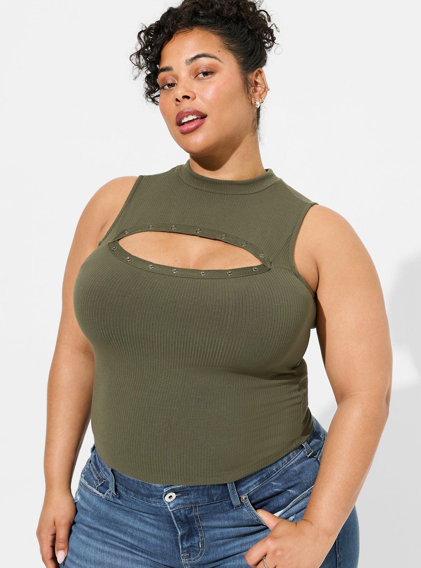 Plus Size - Rib Mock Neck Cut Out Snap Crop Tank - Torrid