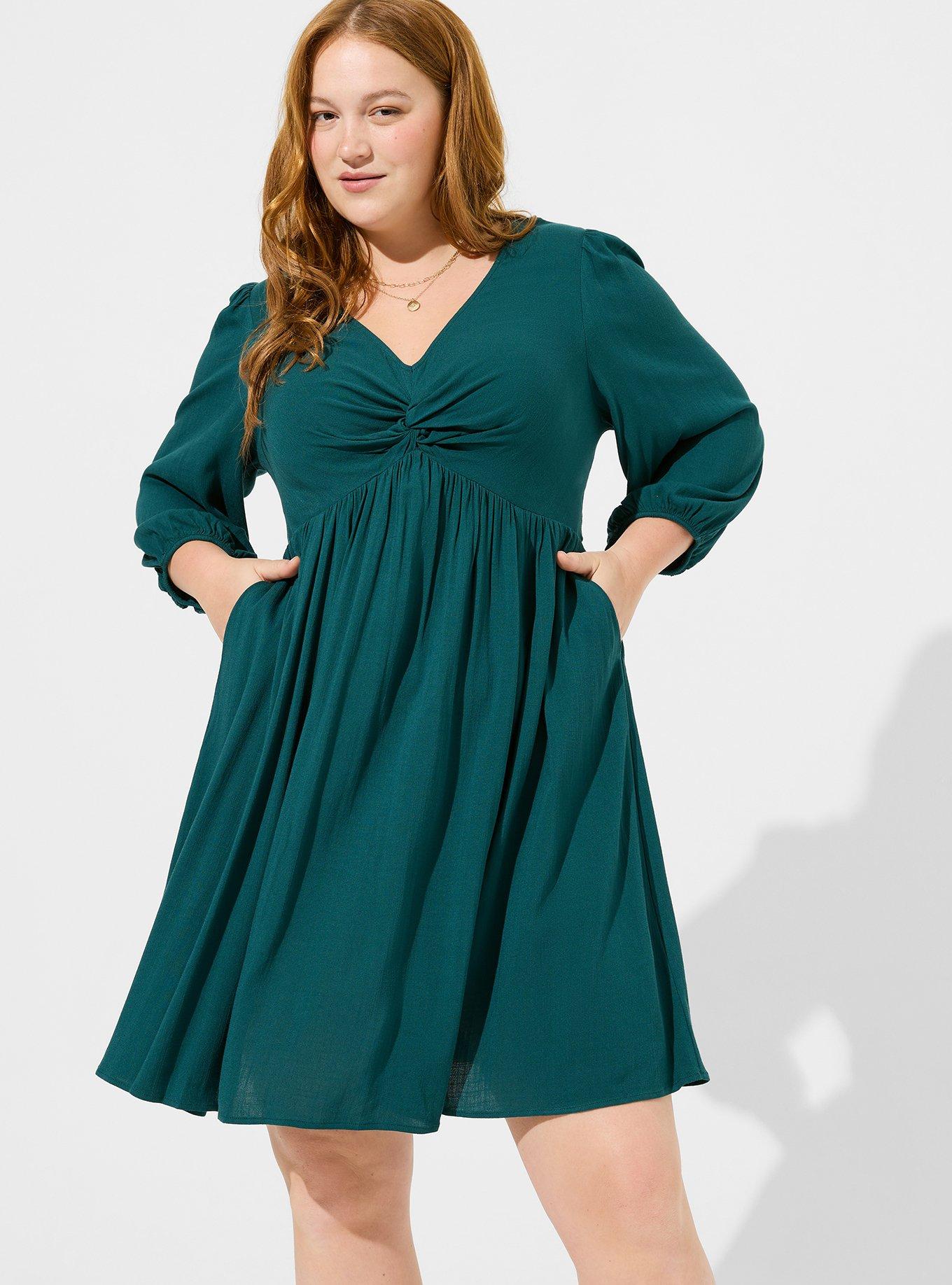 Plus Size - Mini Rayon Slub Balloon Sleeve Twist Font Dress - Torrid