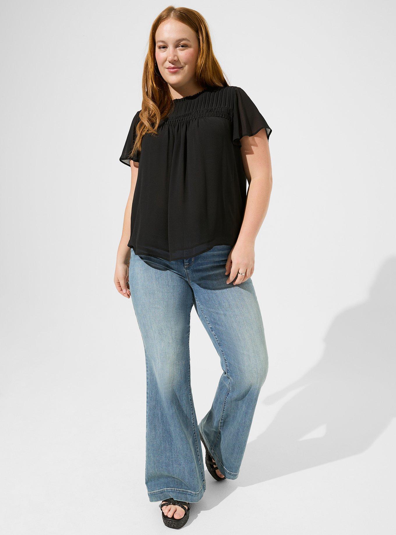 Plus Size - Chiffon Smocked Pintuck Flutter Short Sleeve Blouse - Torrid