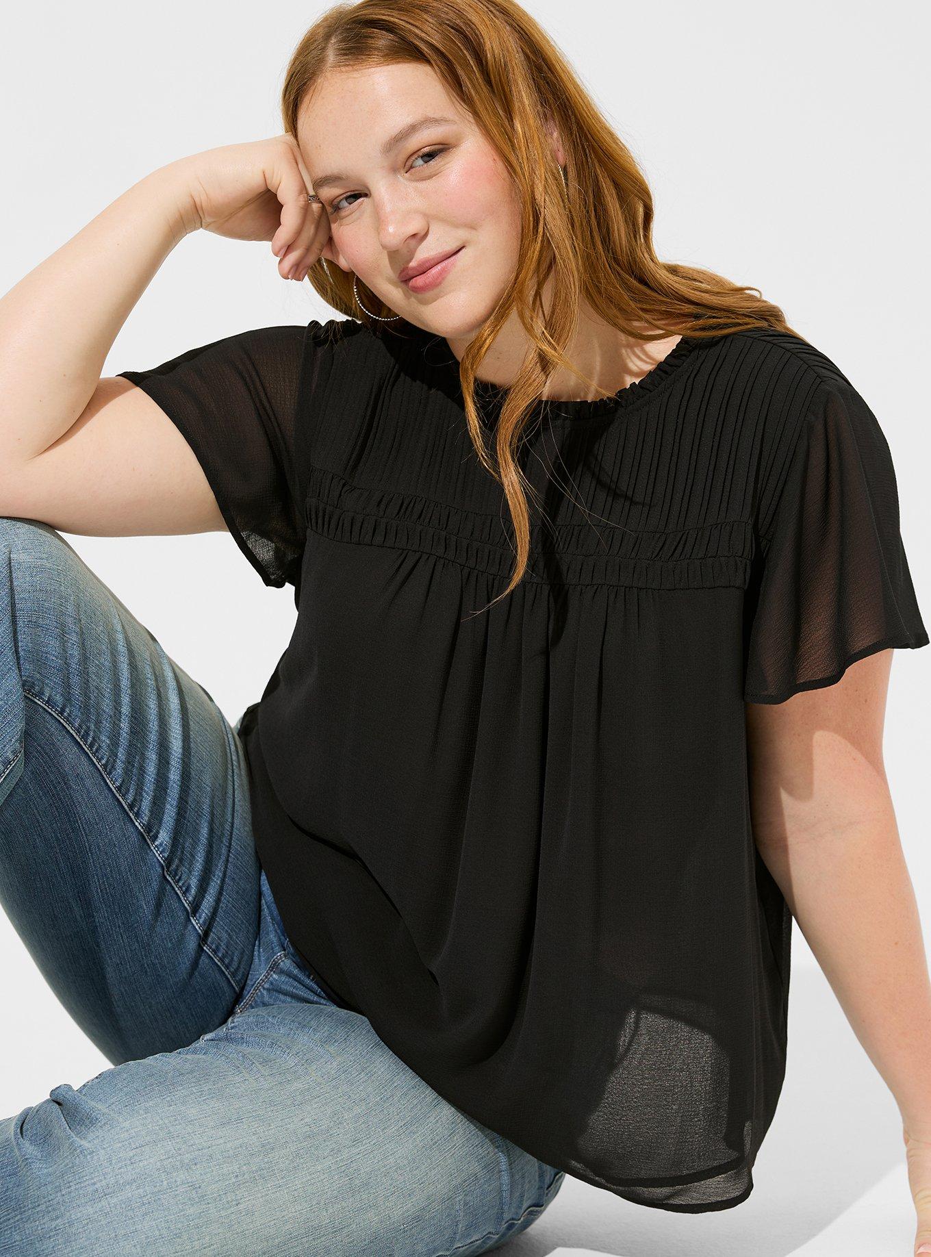 Plus Size - Chiffon Smocked Pintuck Flutter Short Sleeve Blouse - Torrid