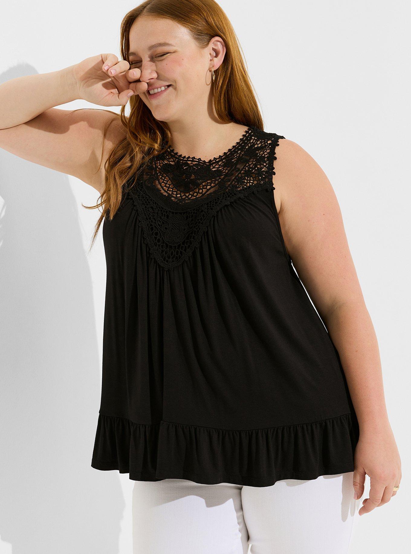Plus Size - Super Soft Crew Neck Lace Yoke Tank - Torrid