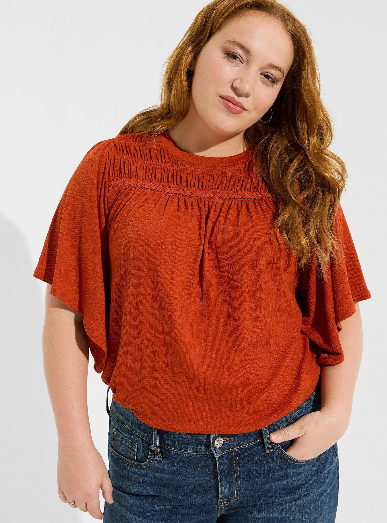 Plus Size - Knit Crewneck Smocked Flutter Sleeve Top - Torrid