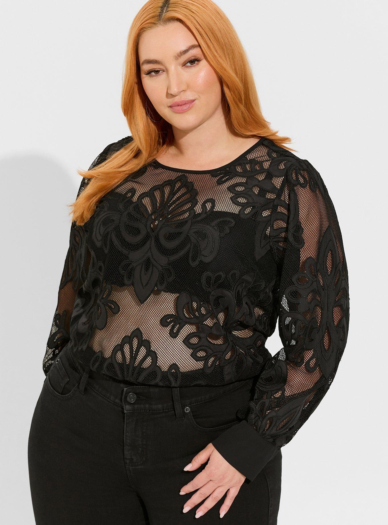 Plus Size - Mesh With Embroidery Long Sleeve Blouse - Torrid