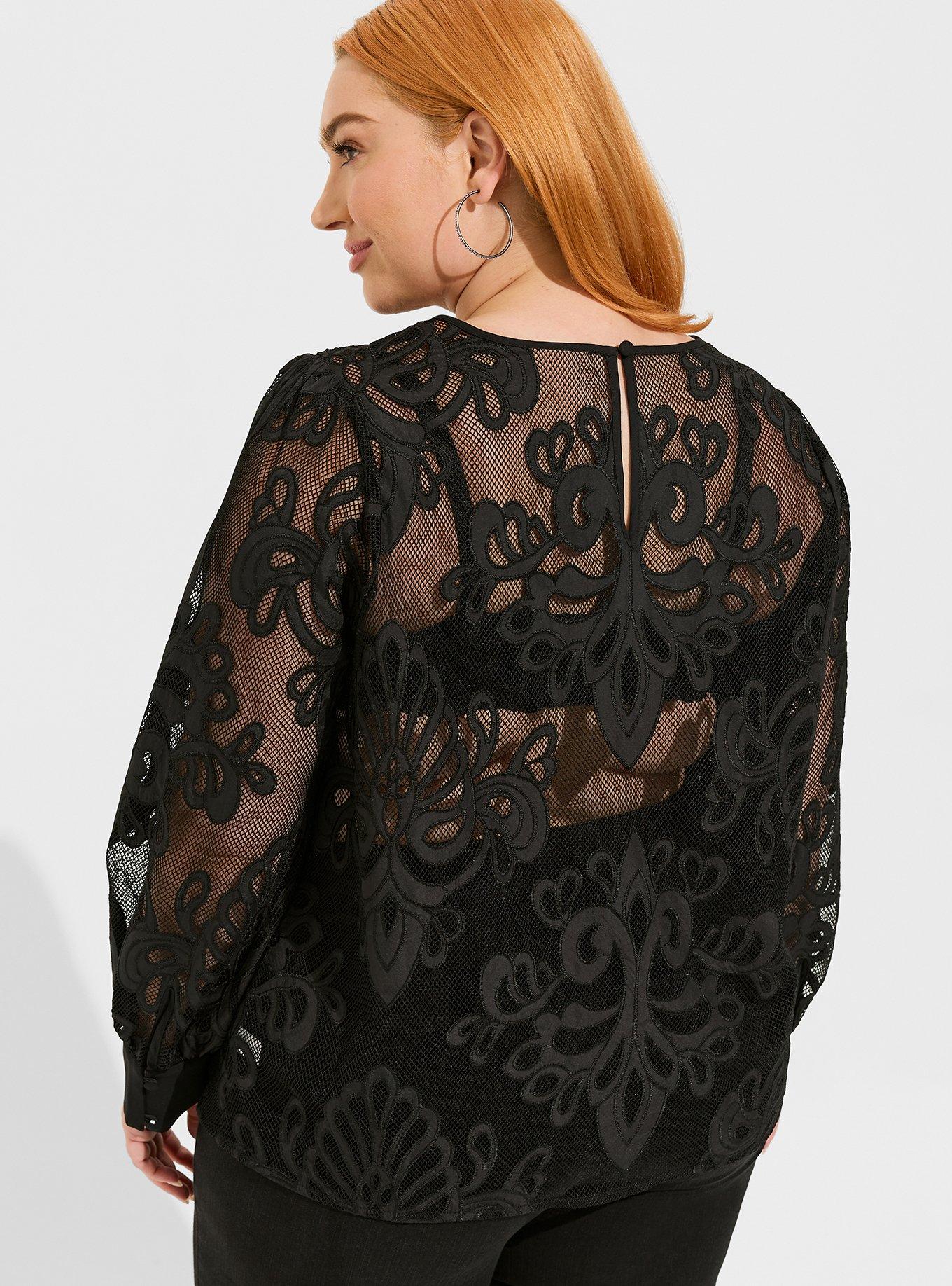 Plus Size - Mesh With Embroidery Long Sleeve Blouse - Torrid