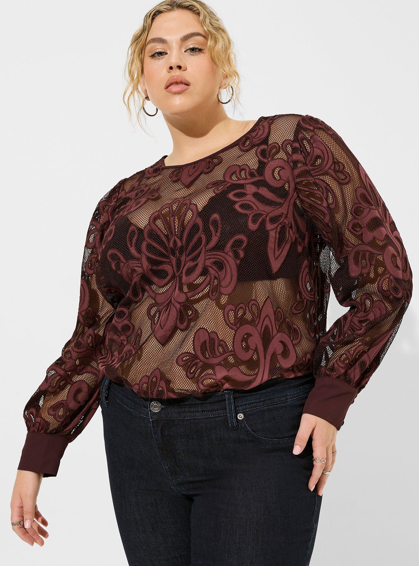 Plus Size - Mesh With Embroidery Long Sleeve Blouse - Torrid