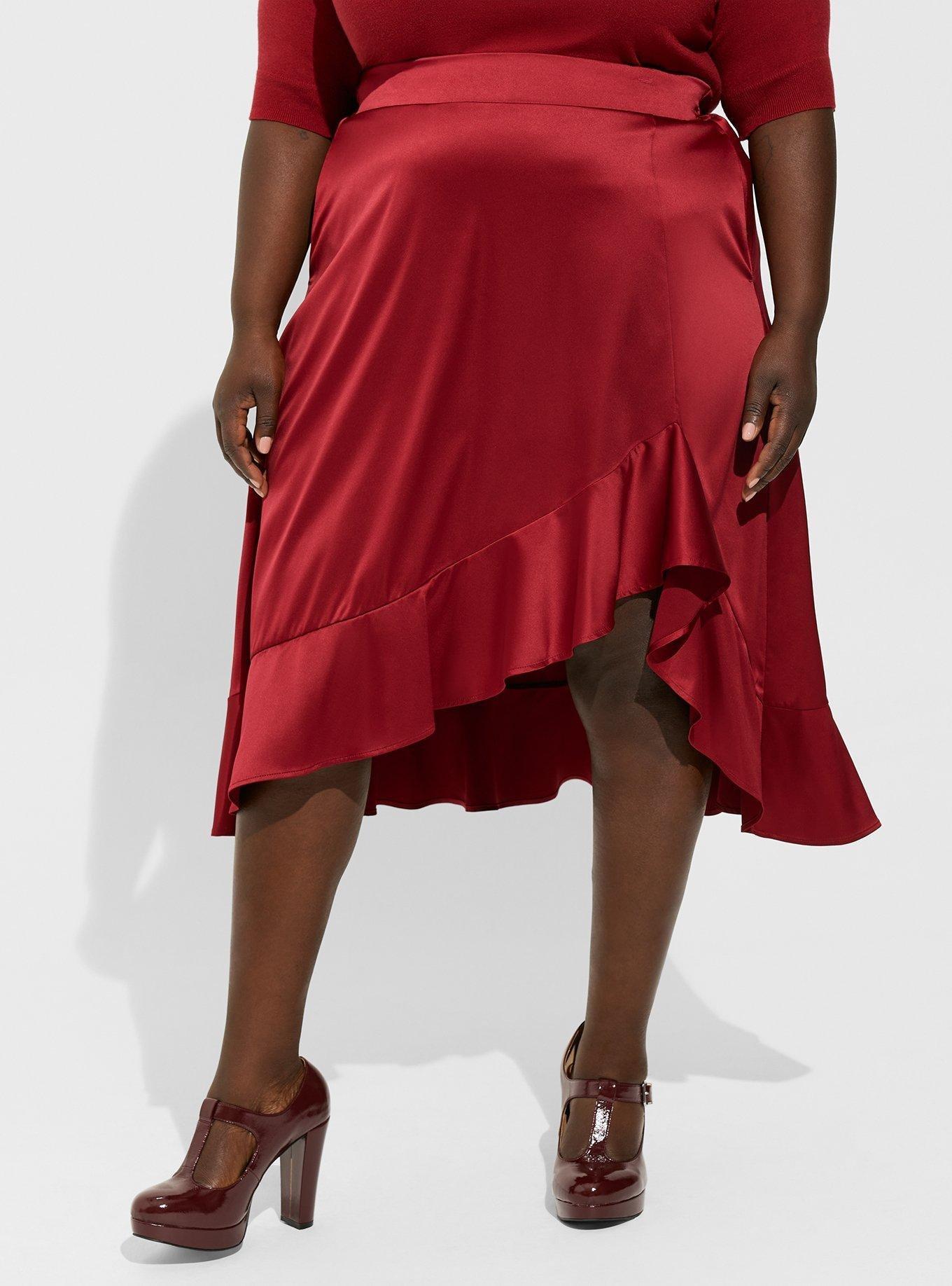 Plus Size - Midi Stretch Satin Hi-Low Ruffle Skirt - Torrid