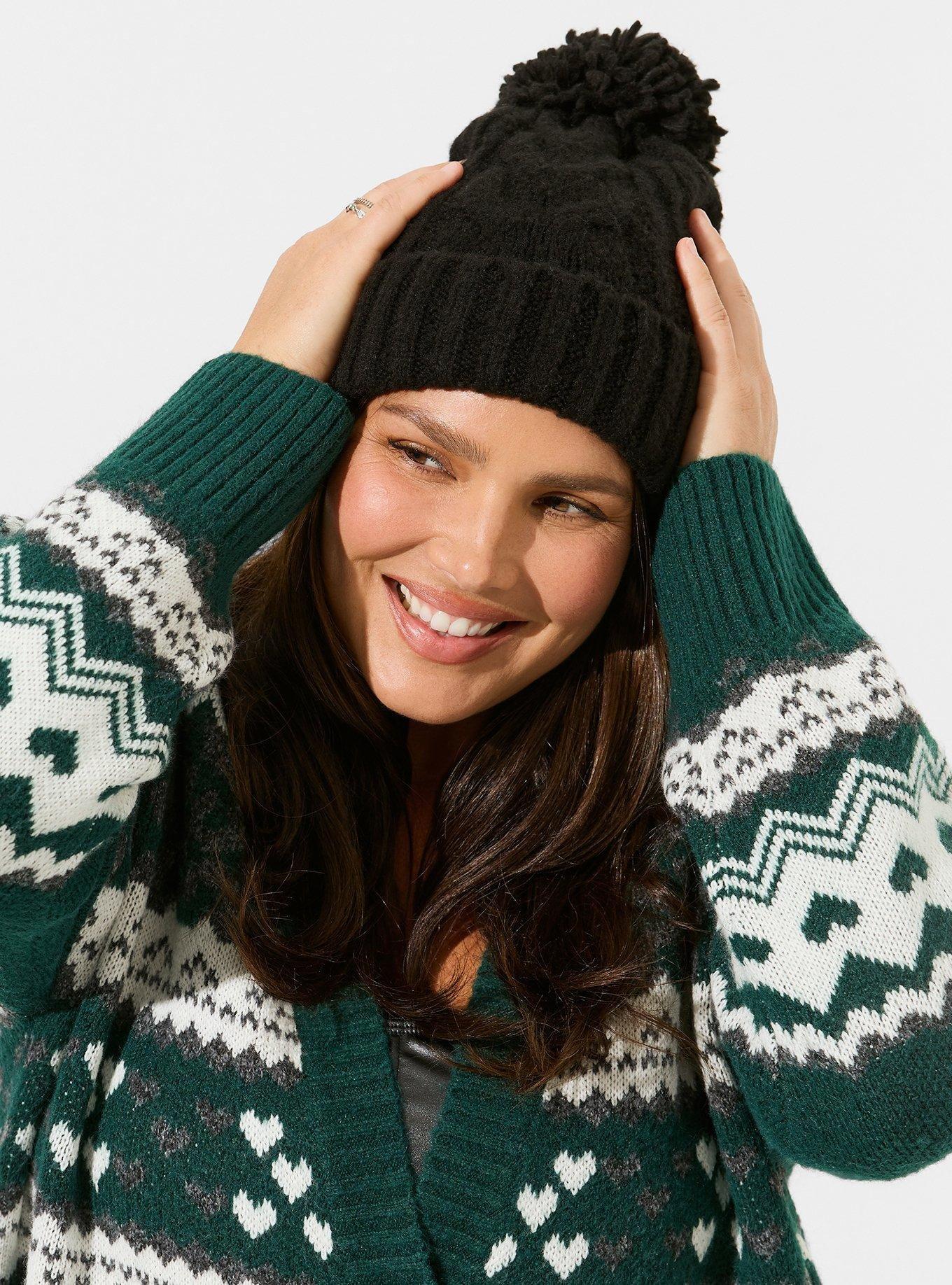 Plus Size - Chunky Cable Knit Self Pom Beanie - Torrid