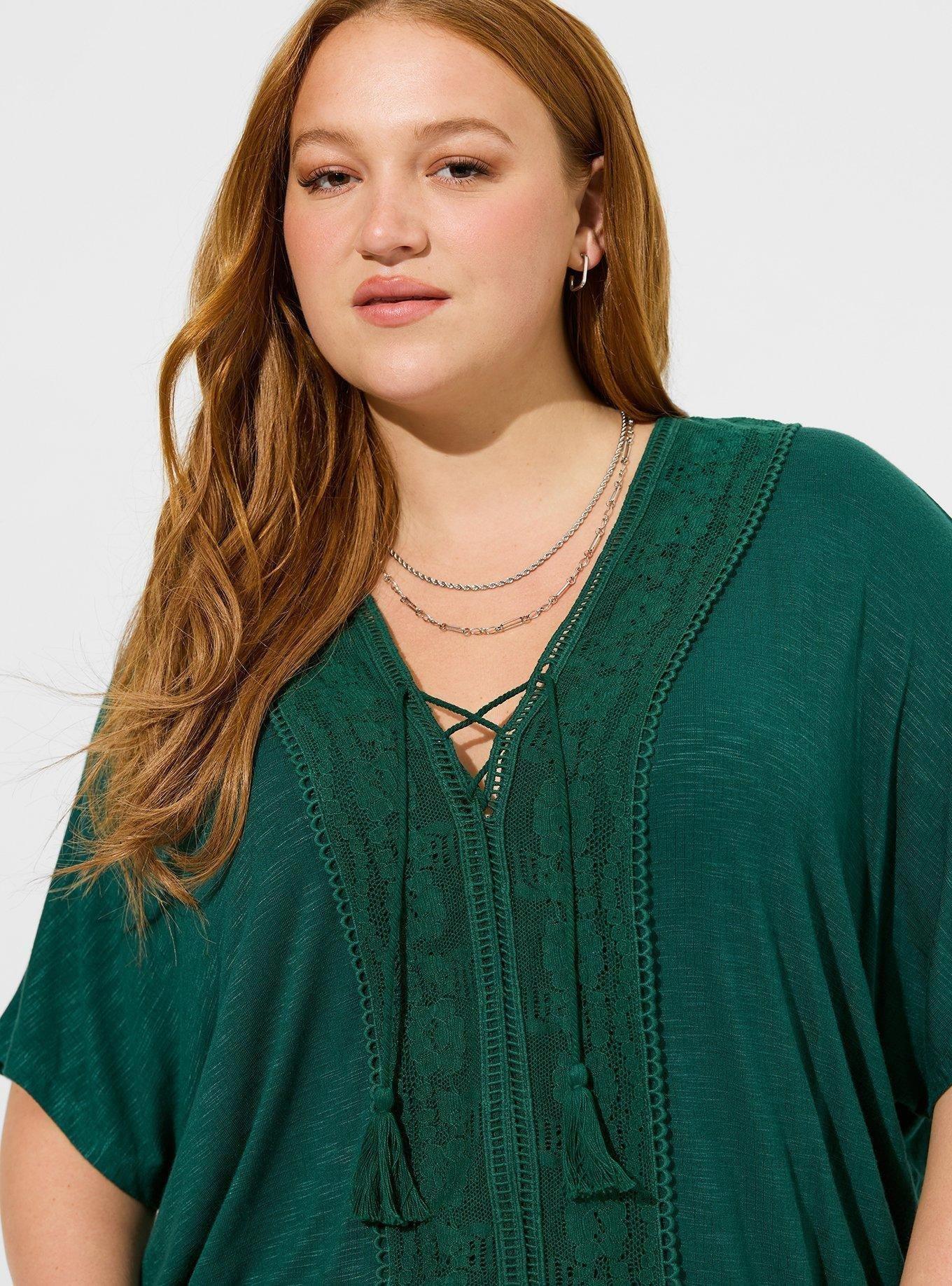 Plus Size - Textured Jersey V-Neck Lace Up Banded Dolman Top - Torrid