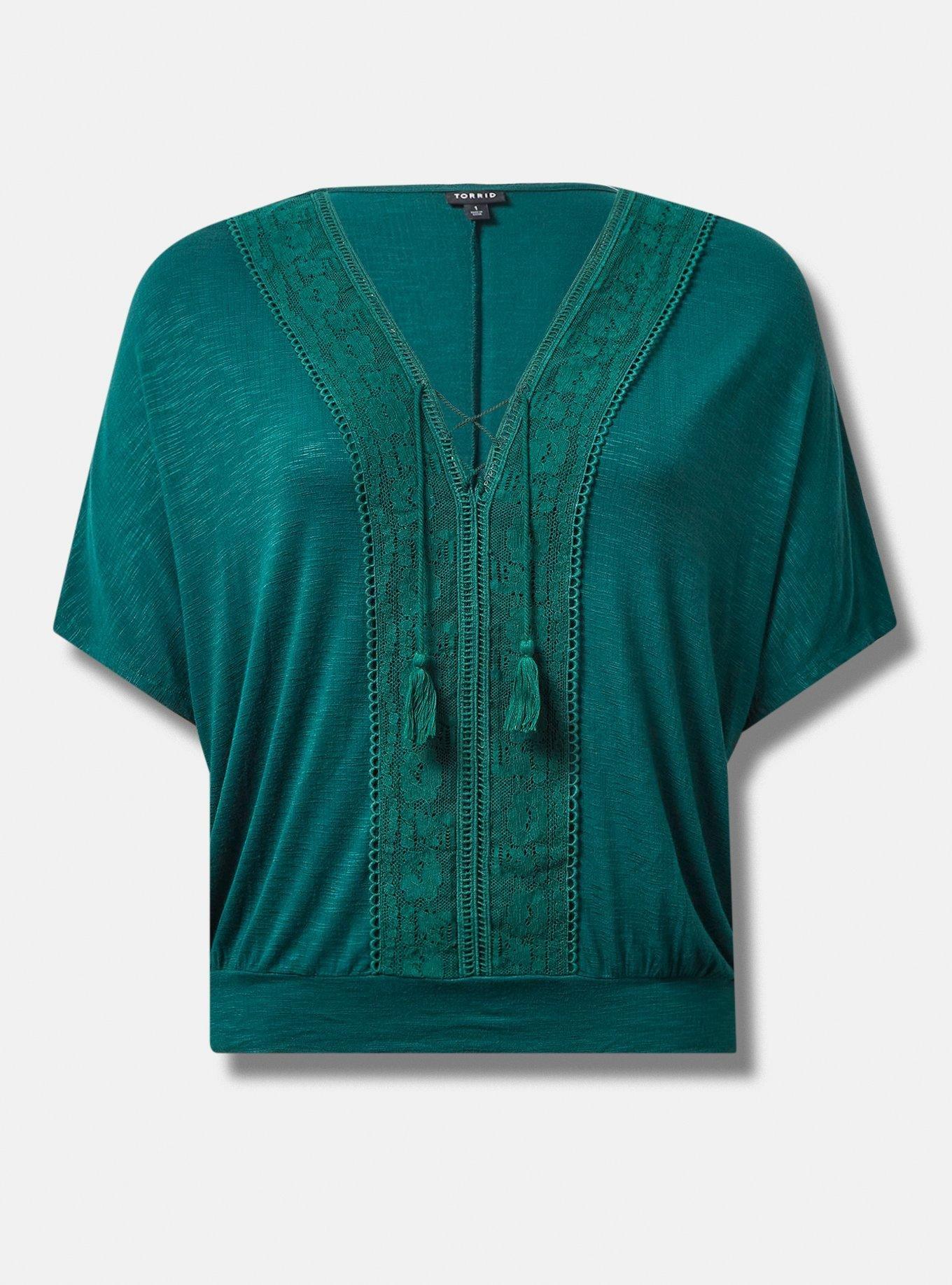 Plus Size - Textured Jersey V-Neck Lace Up Banded Dolman Top - Torrid