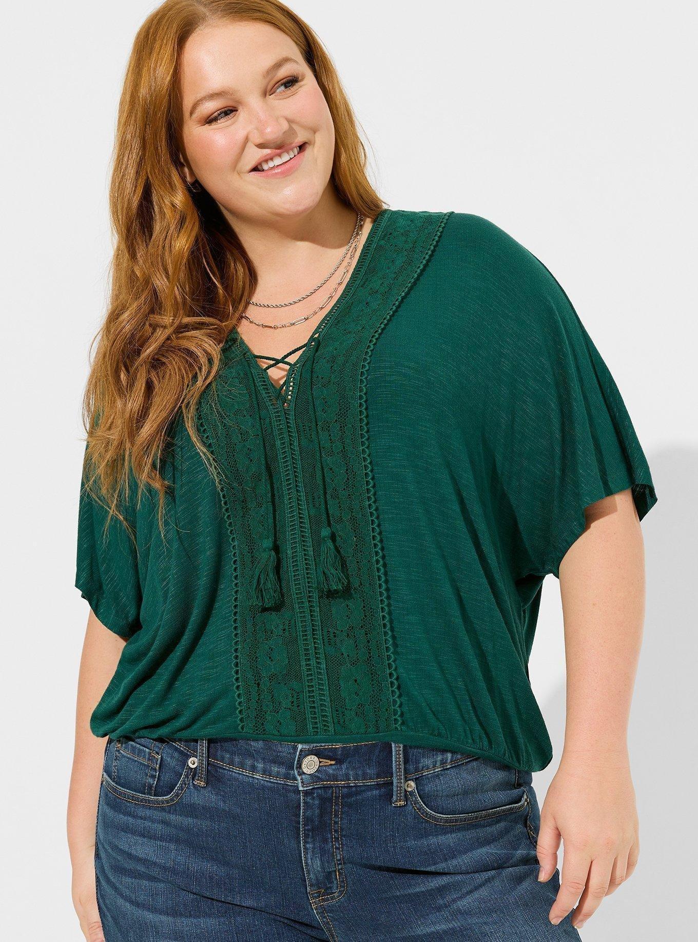 Plus Size - Textured Jersey V-Neck Lace Up Banded Dolman Top - Torrid