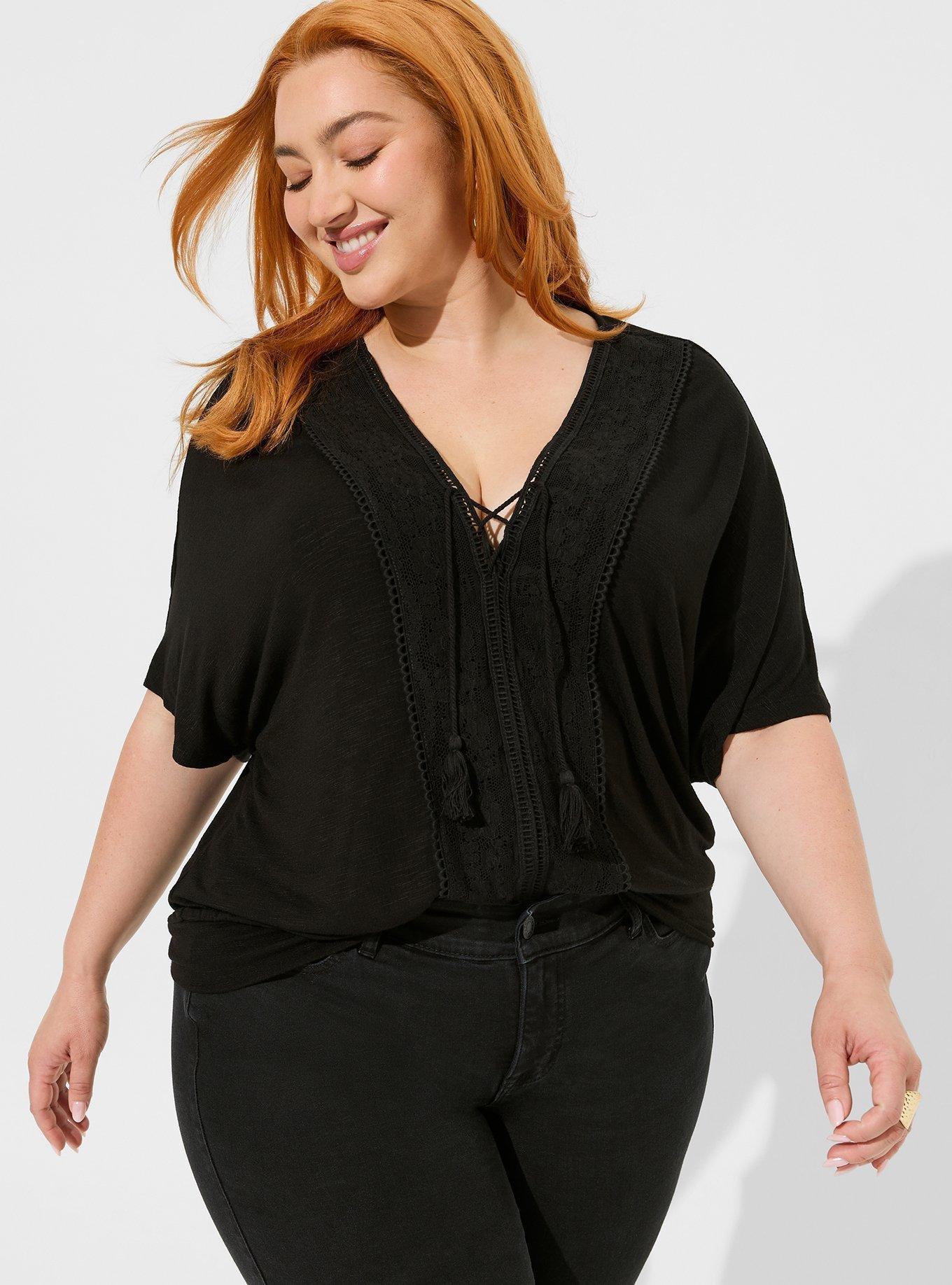 Plus Size - Textured Jersey V-Neck Lace Up Banded Dolman Top - Torrid