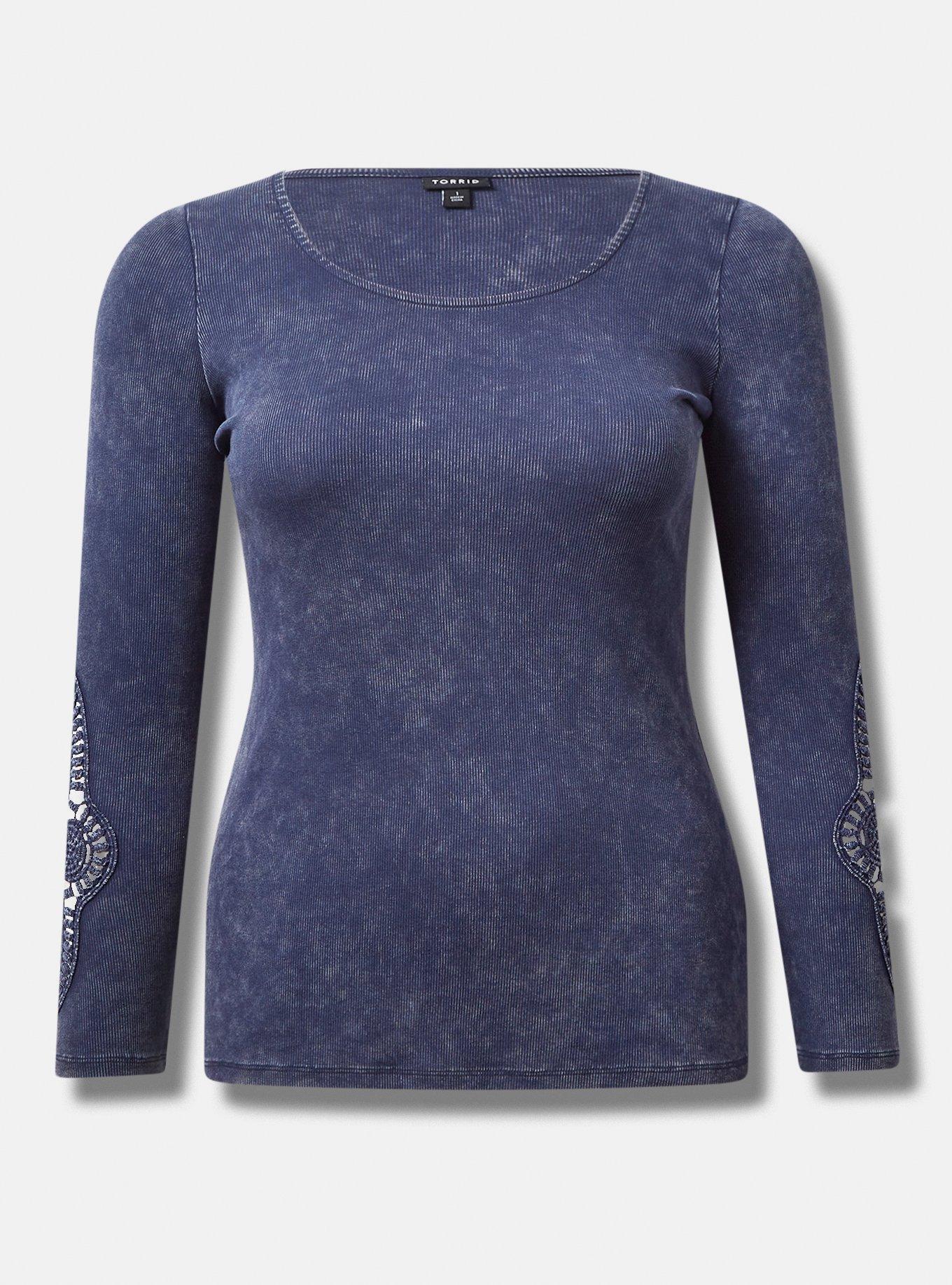 Plus Size - Cotton Modal Rib Scoop Neck Crochet Long Sleeve Top - Torrid