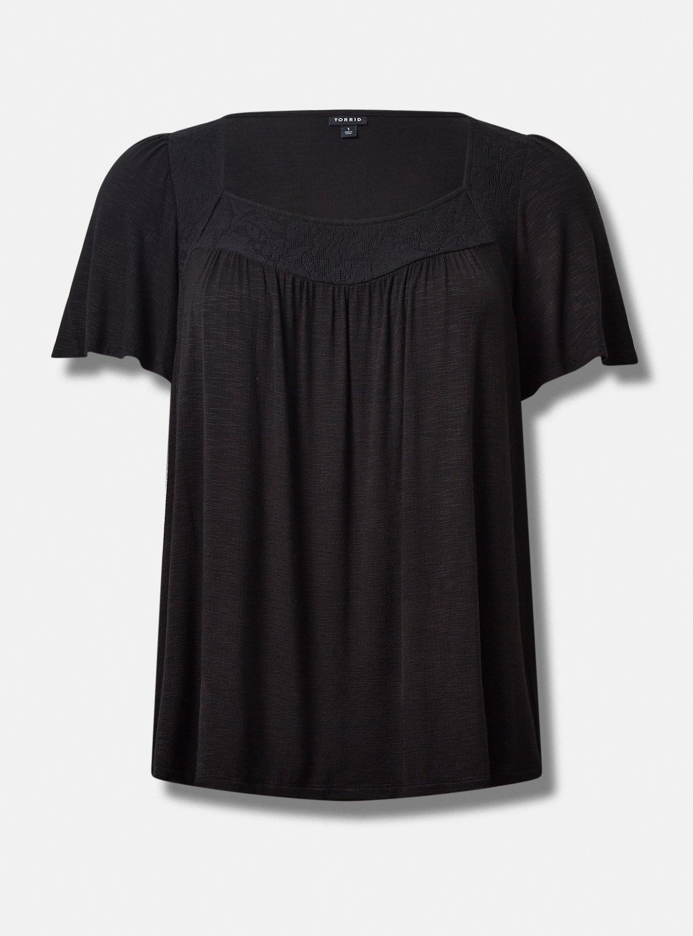 Plus Size - Textured Jersey Square Neck Lace Inset Swing Top - Torrid