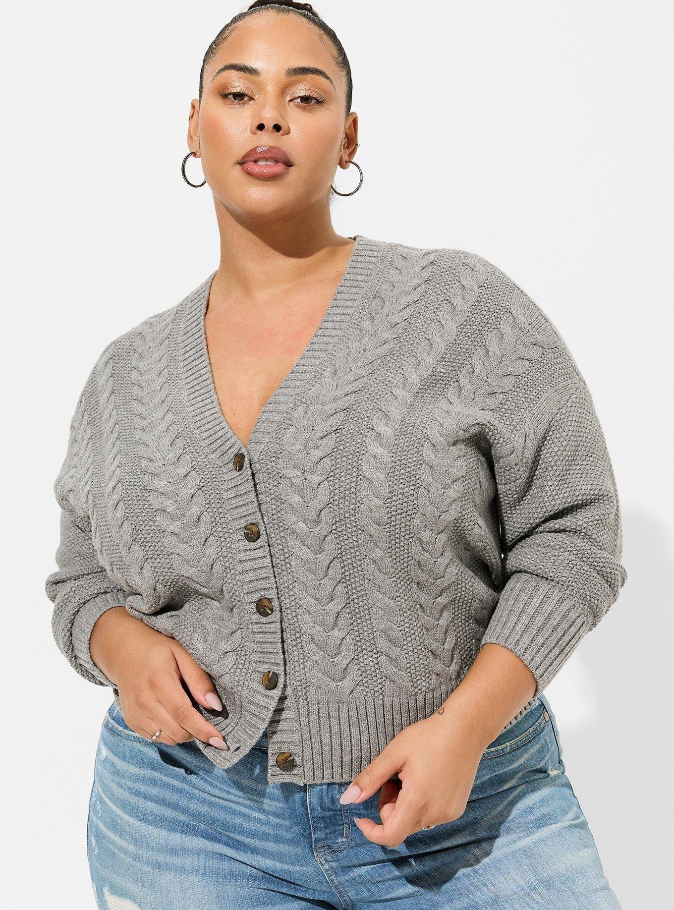 Plus Size - Cable Cardigan V-Neck Drop Shoulder Sweater - Torrid