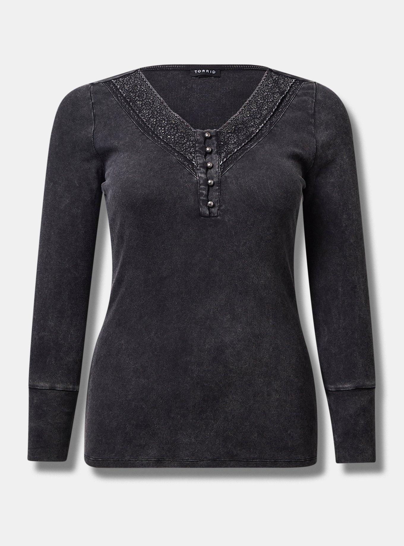 Plus Size - Cotton Modal Rib Lace V-Neck Long Sleeve Henley Top - Torrid