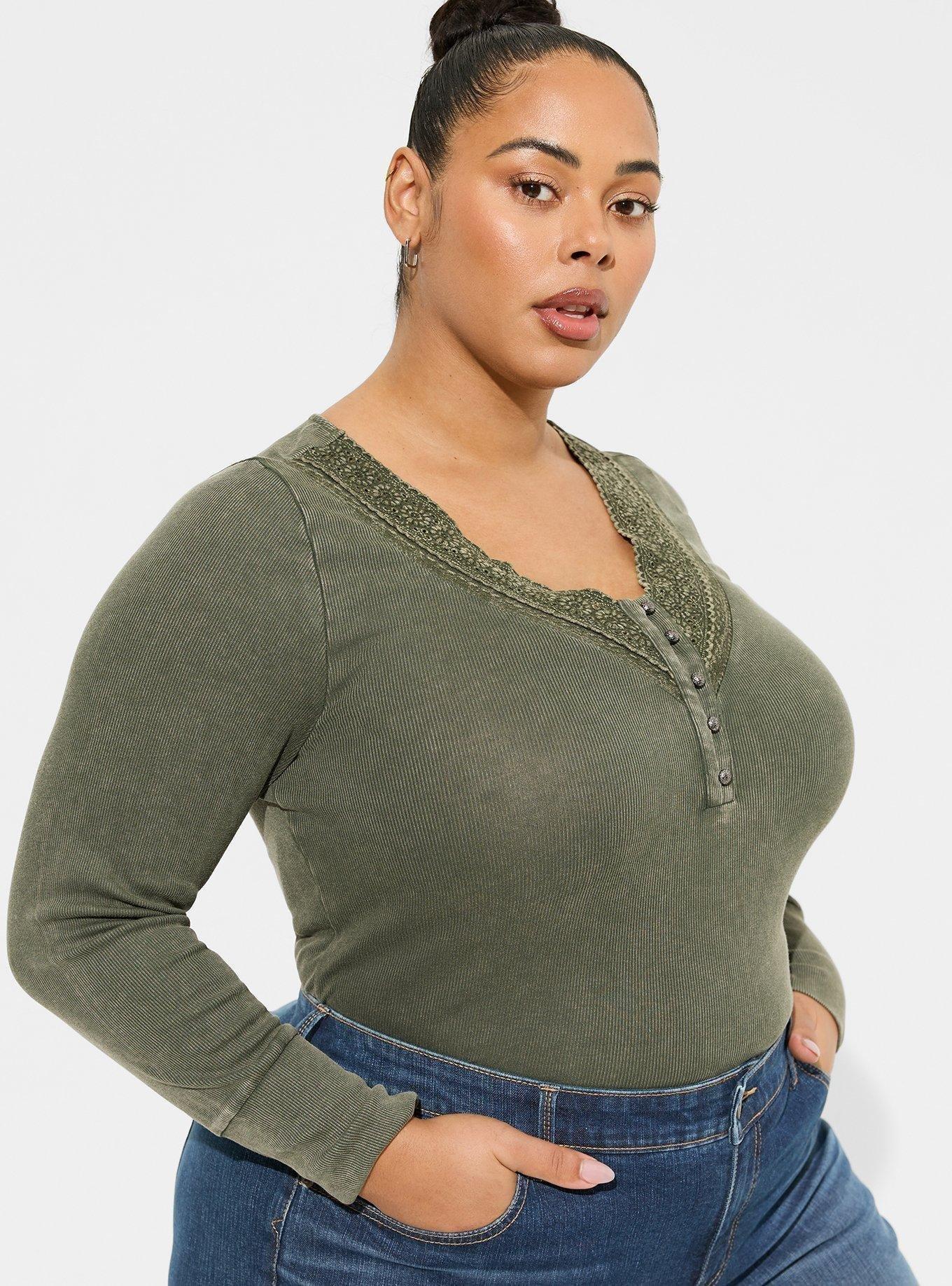 Plus Size - Cotton Modal Rib Lace V-Neck Long Sleeve Henley Top - Torrid