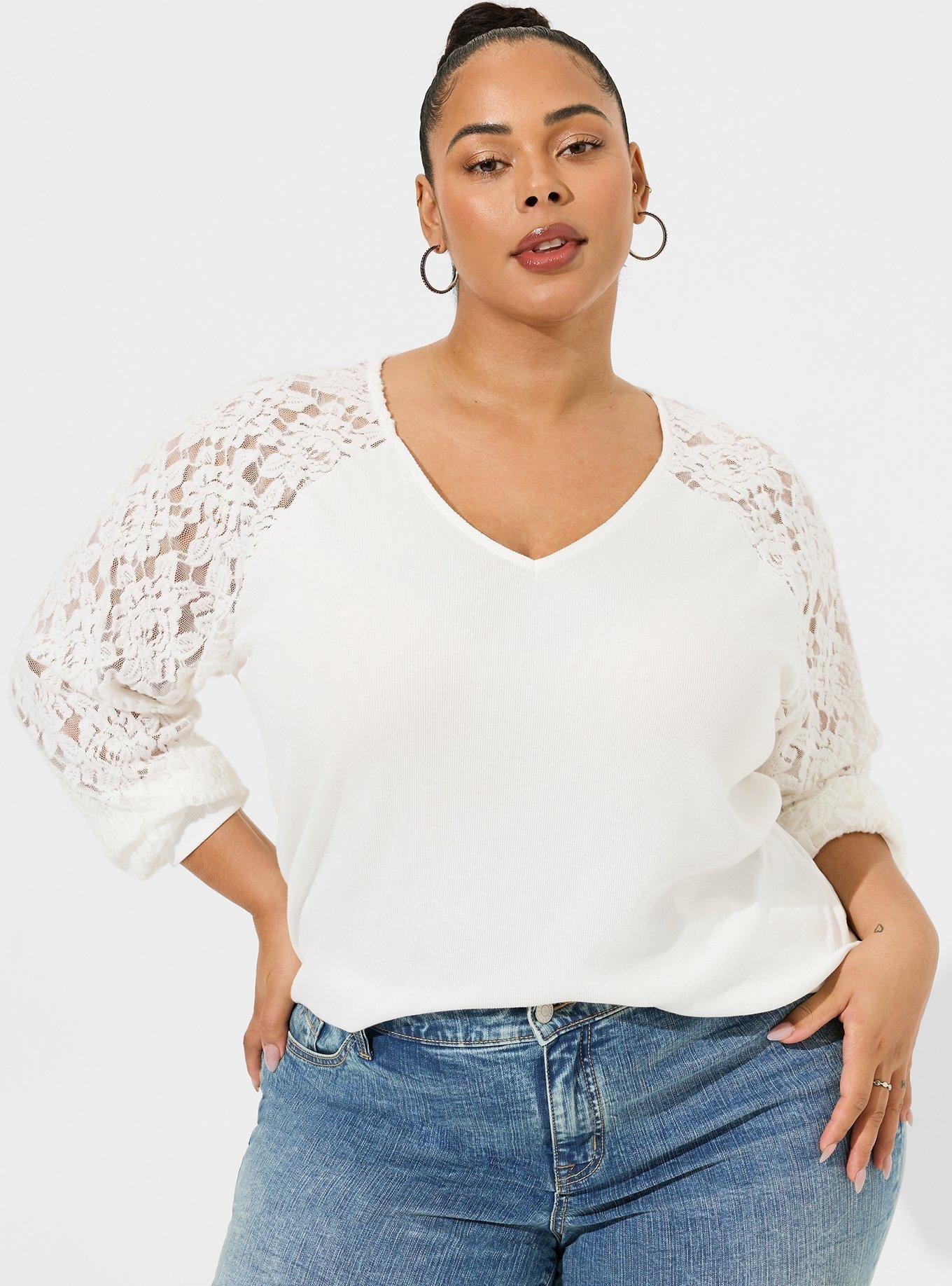 Plus Size - Cotton Modal Rib V-Neck Lace Long Sleeve Top - Torrid