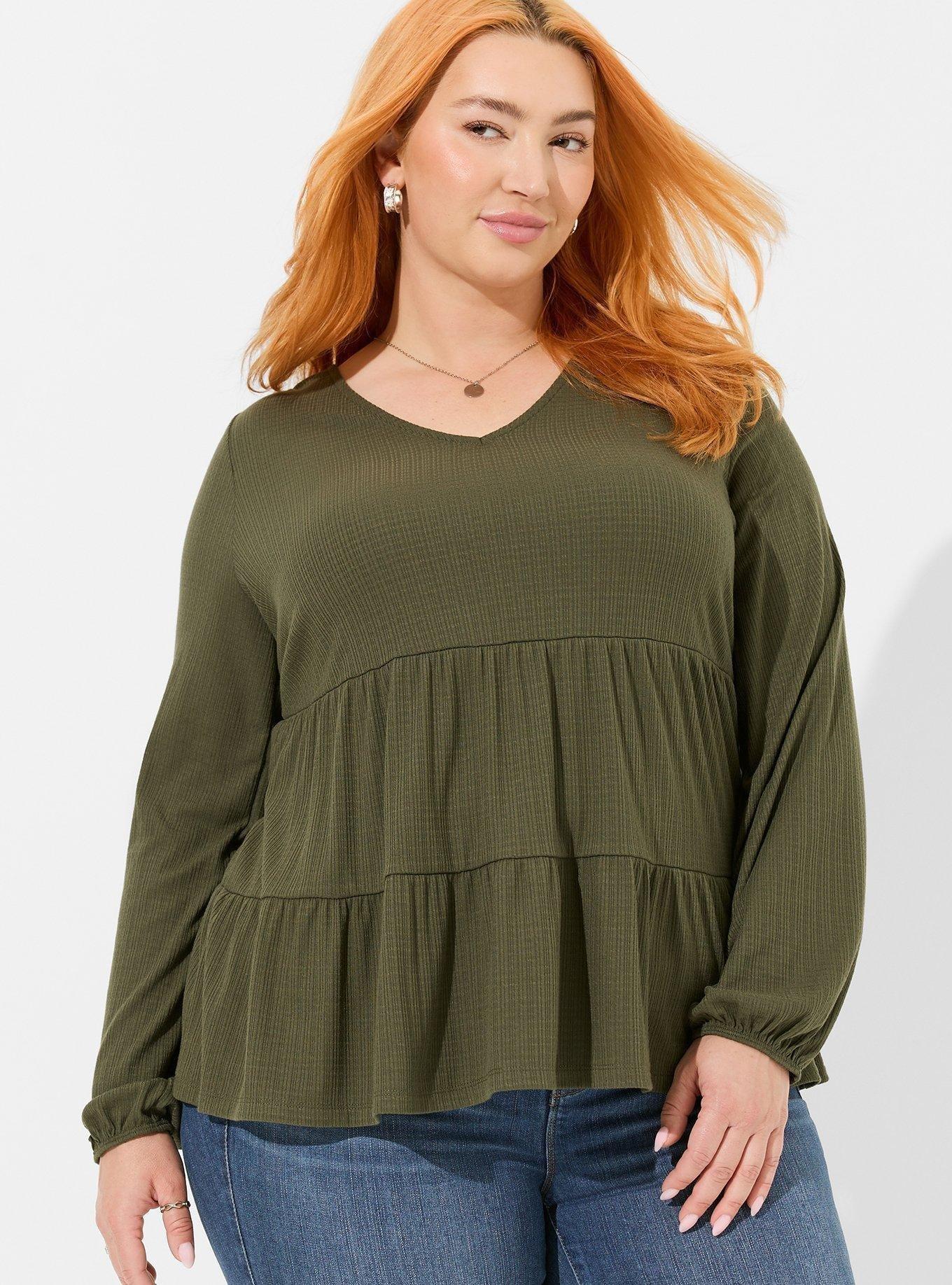 Plus Size - Texture Jersey V-Neck Long Sleeve Tiered Top - Torrid