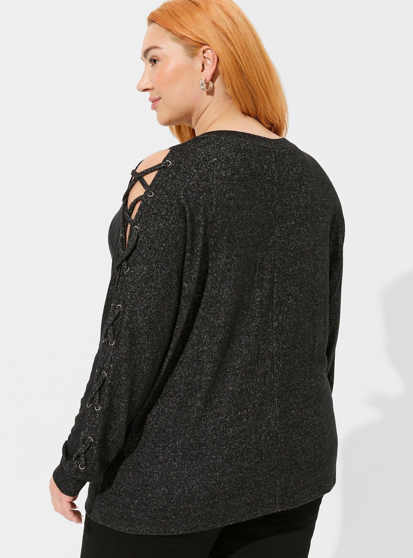 Plus Size - Brushed Hacci V-Neck Lace Up Sleeve Top - Torrid