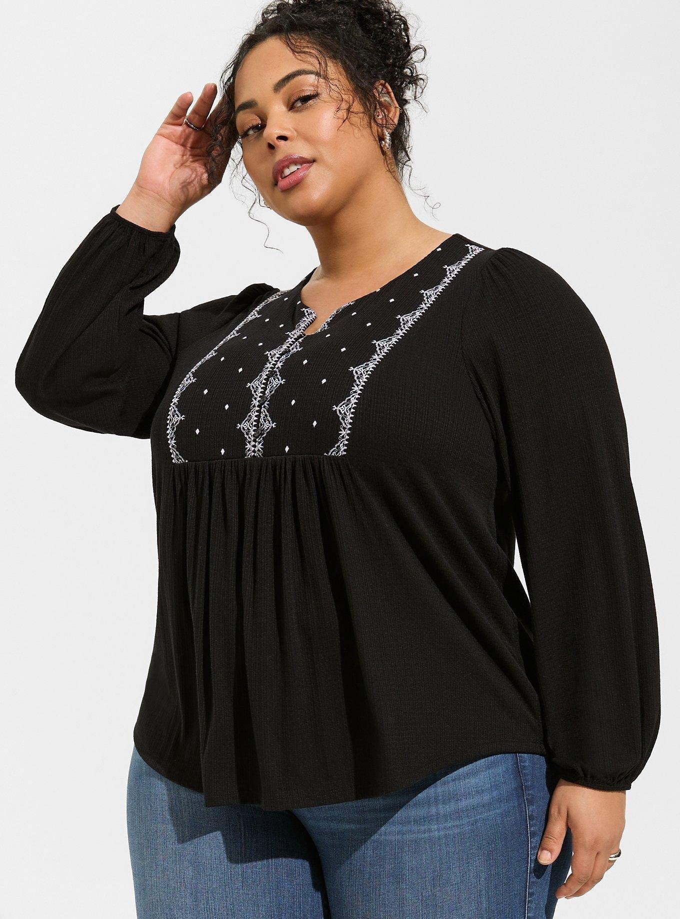 Plus Size - Textured Jersey V-Neck Embroidered Yoke Long Sleeve Top ...