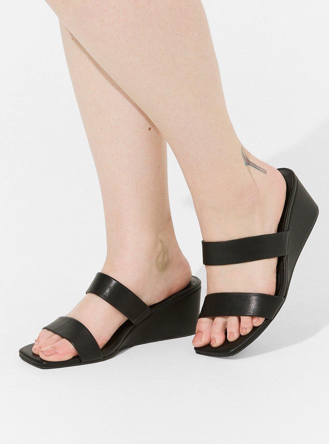 Plus Size - Thin Double Band Wedge Sandal - Black (WW) - Torrid