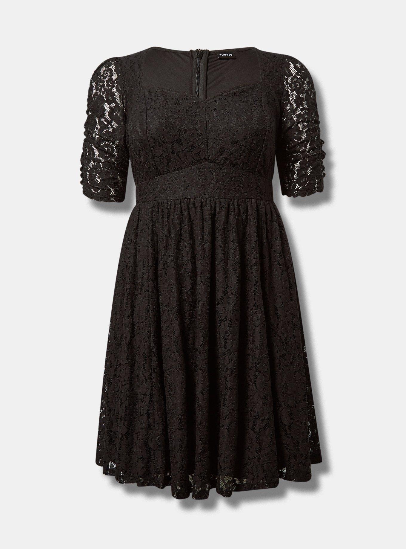 Plus Size - Mini Stretch Lace Ruched Sleeve Skater Dress Plus Size - Mini Stretch Lace Ruched Sleeve Skater Dress