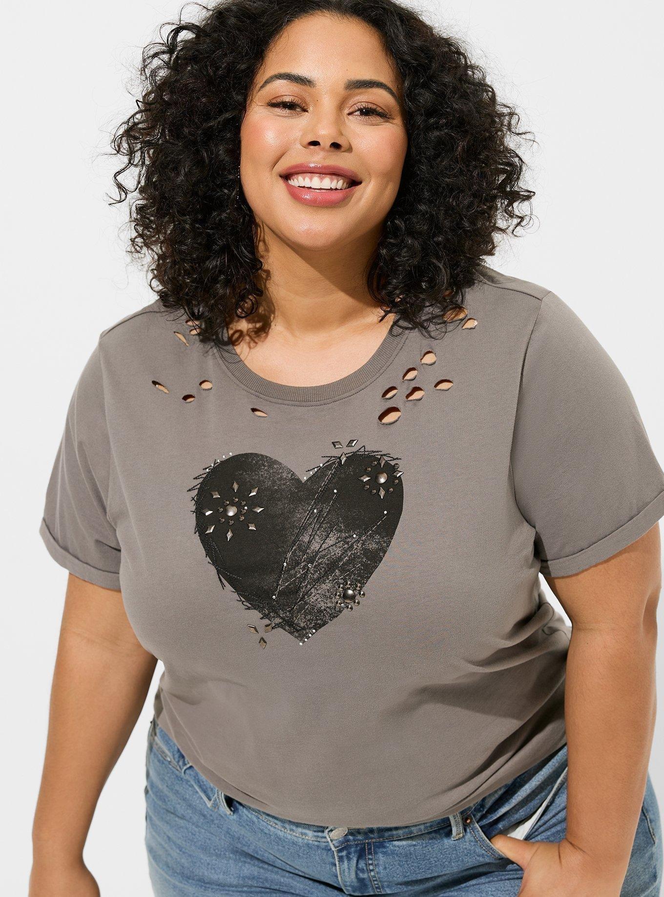 Plus Size - Embellished Heart Relaxed Heritage Jersey Destructed Tee ...