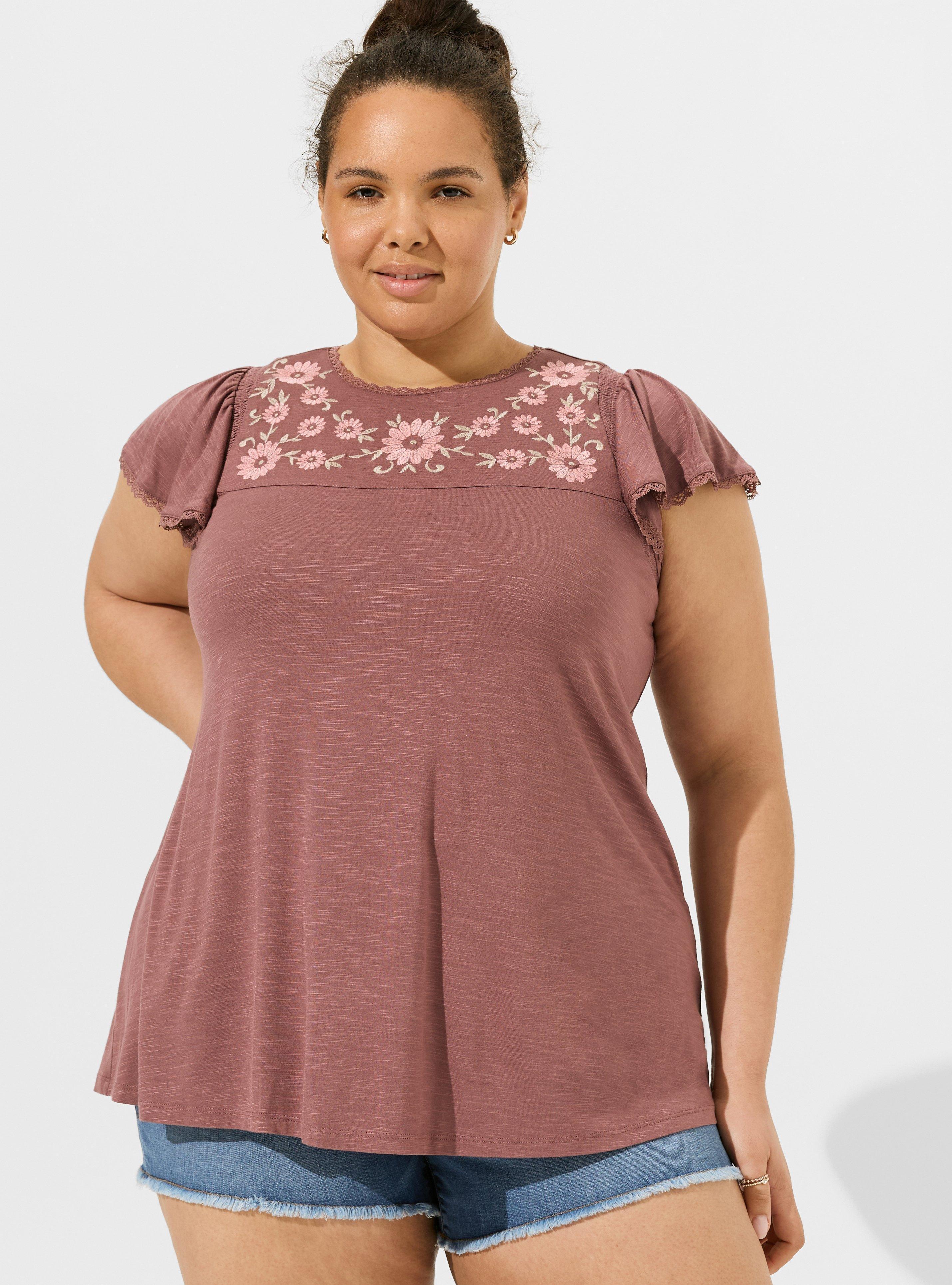 Plus Size - Vintage Slub Embroidered Flutter Sleeve Top - Torrid